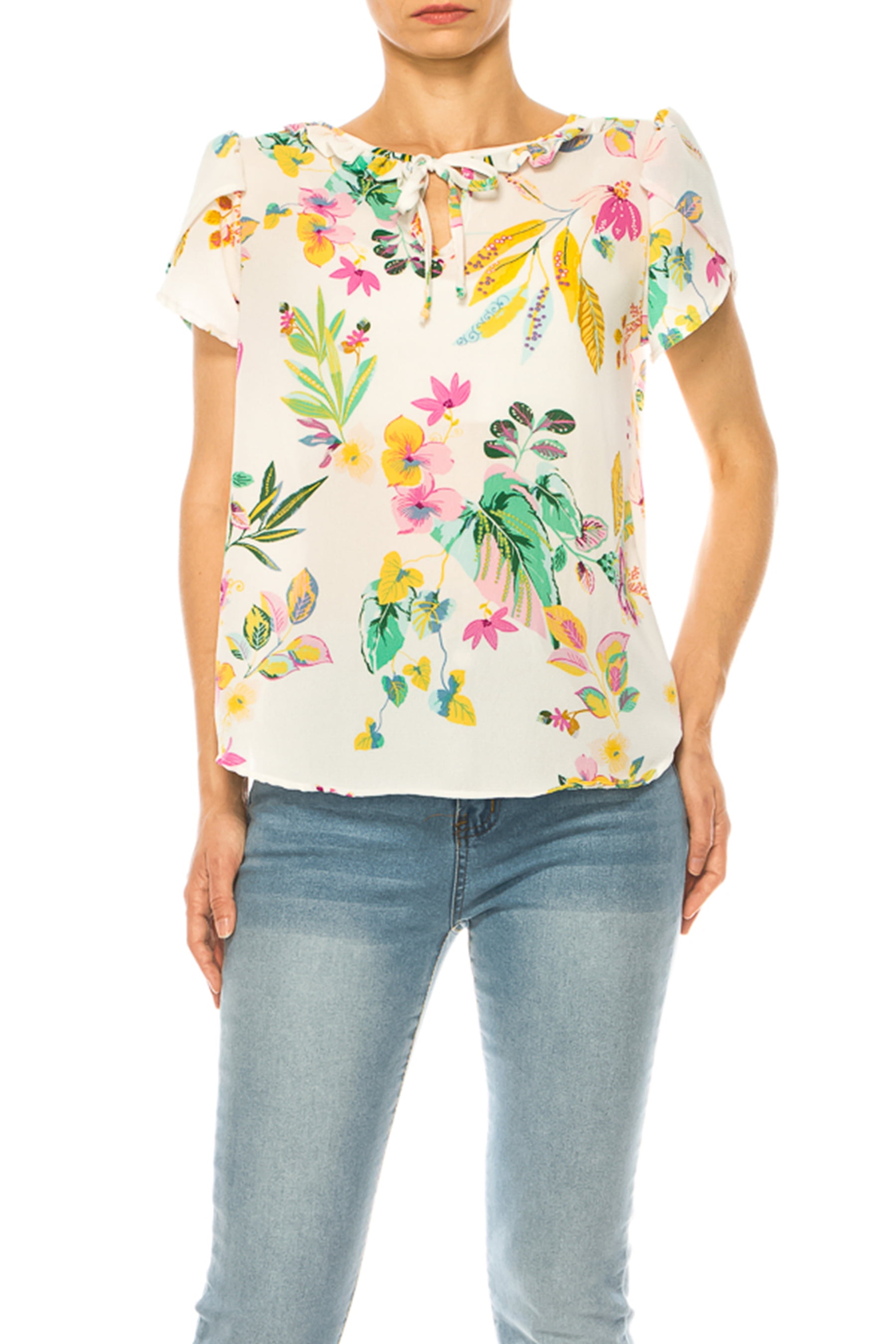 Women's Solid Overlapping Short Sleeve Top with Front Keyhole and ...