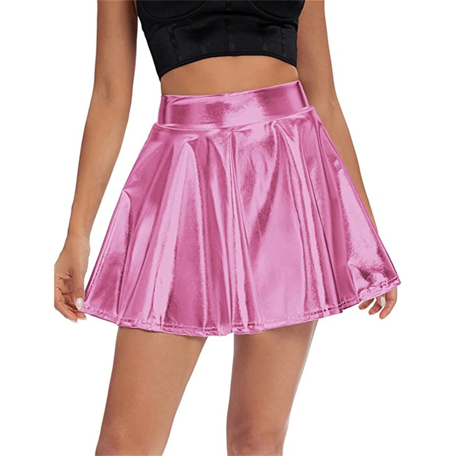 Womens Solid Shiny Flared Pleated Mini Skirt Party Skirt