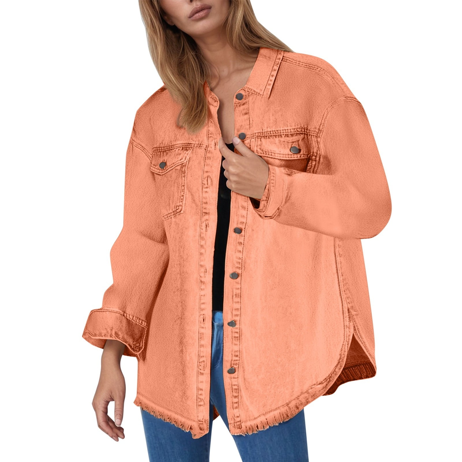 Women's Solid Washed Denim Shirt Jacket With Hem y2k Streetwear ...