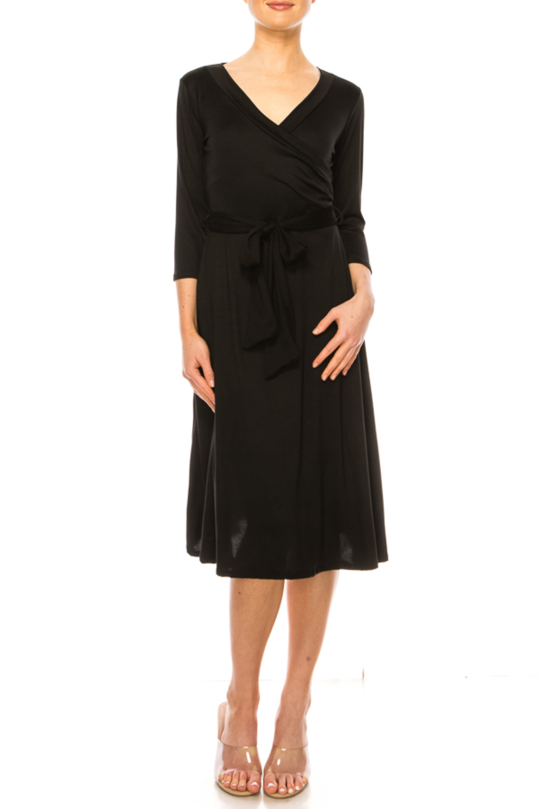 Moa Collection Women's Solid Wrap Dress – 3/4 Sleeve V-Neck with Waist ...
