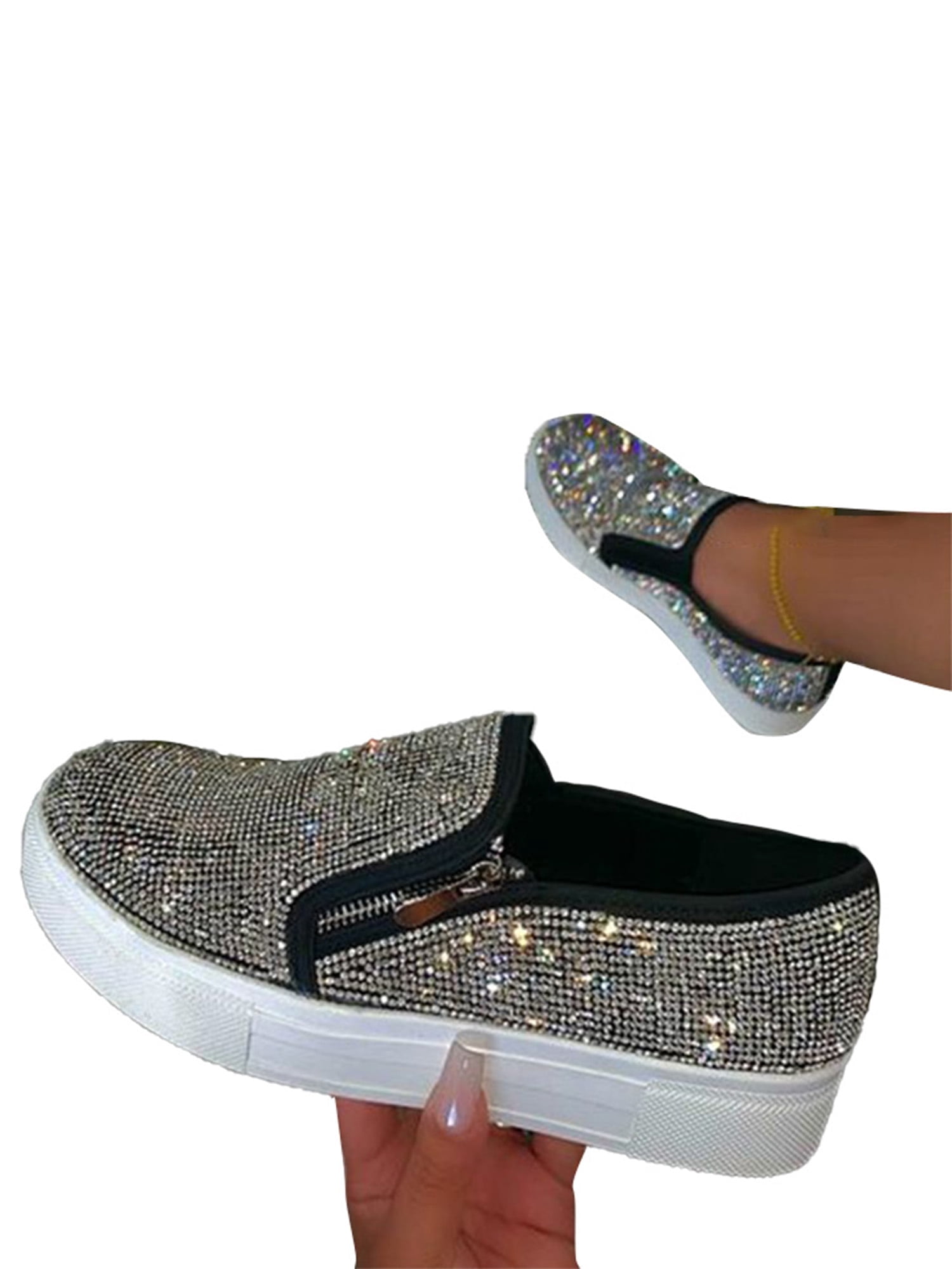 Women's Sparkle Glitter Comfort Light Weight Slip On Flat Sneaker Shoes ...
