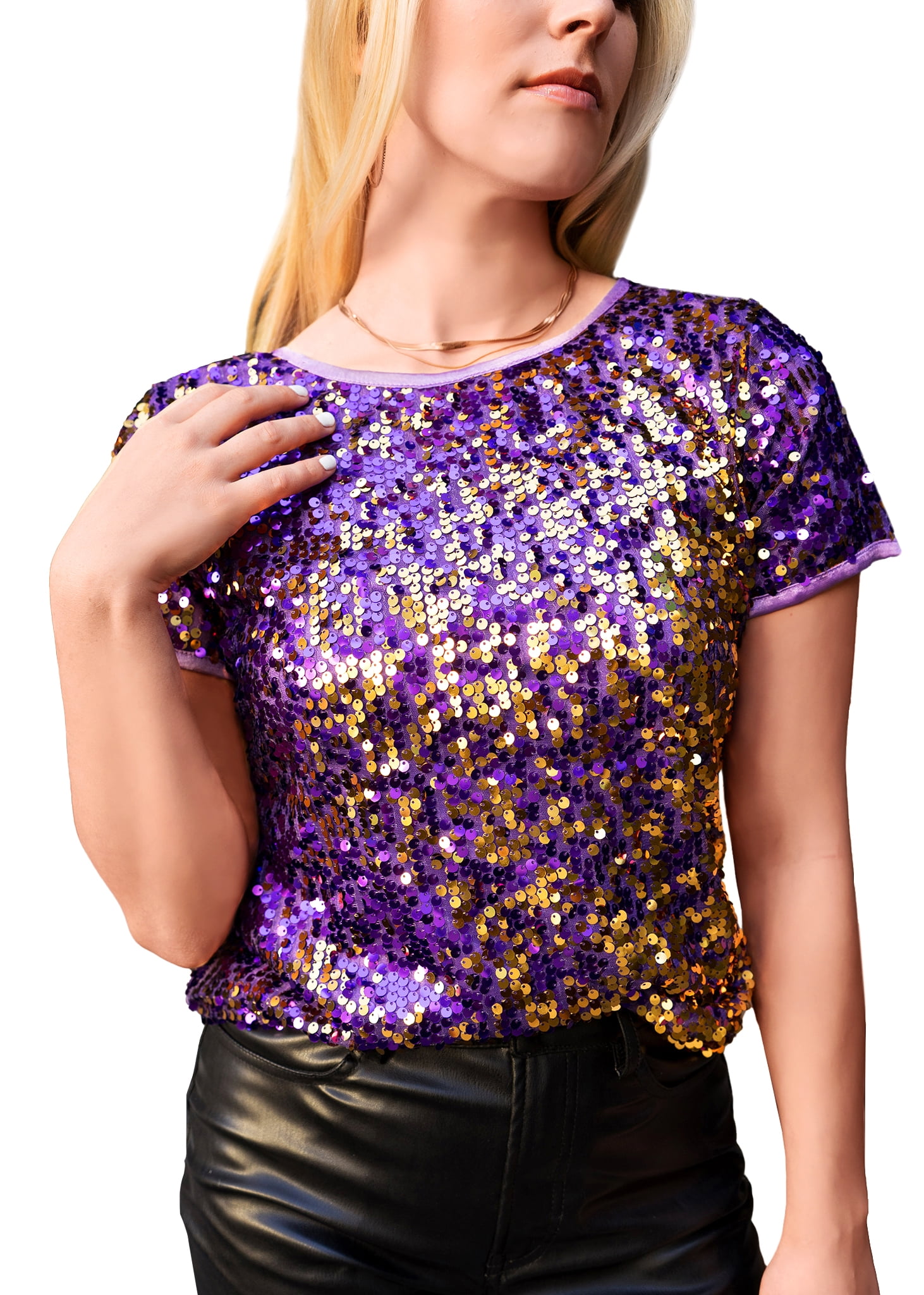 Women's Sparkle Short Sleeve Top Crew Neck Slim Fit Shiny Disco Party ...