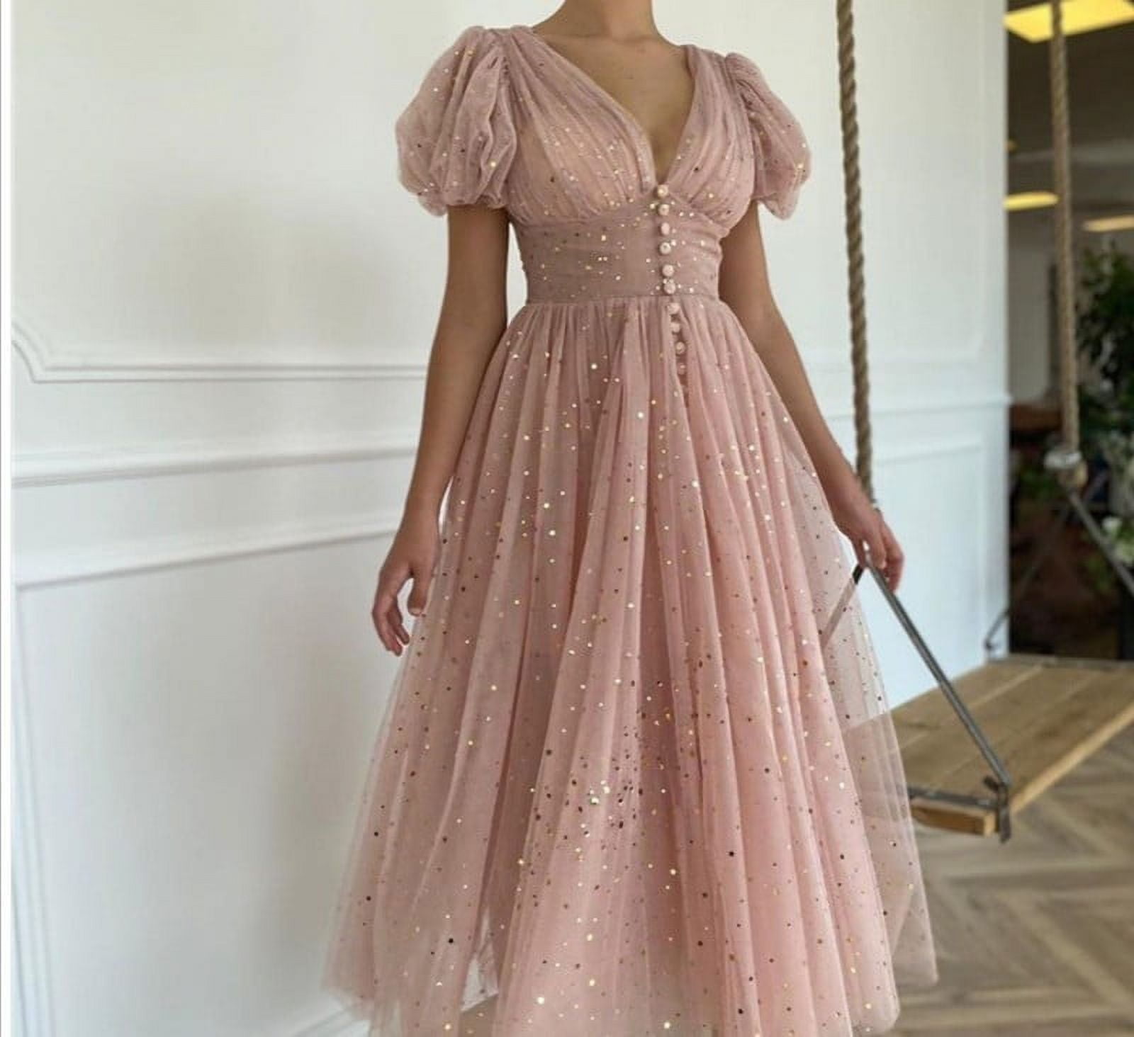 Women's Sparkle Starry Tulle Prom Dresses Puffy Sleeve Evening Gowns ...