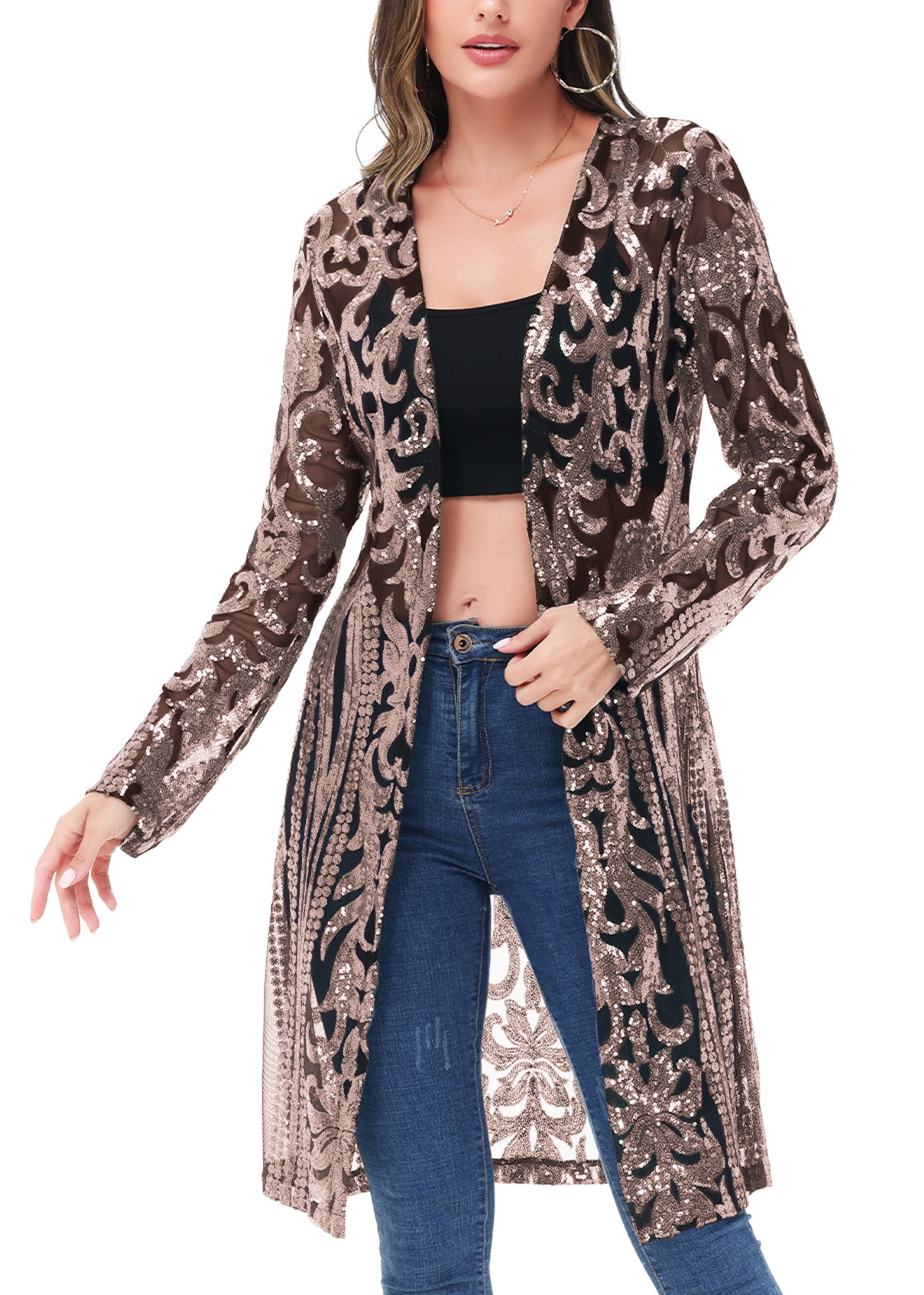 Women's Sparkly Sequin Cardigan Long Sleeve Open Front Glitter Kimono ...