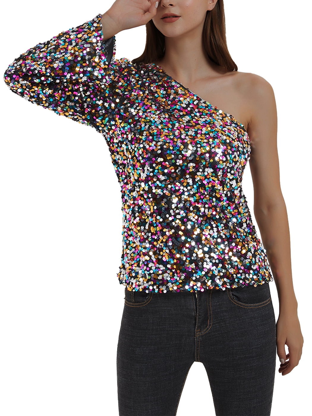 Feinuhan Women's Sparkly Sequin Party Top, One Shoulder Blouse ...