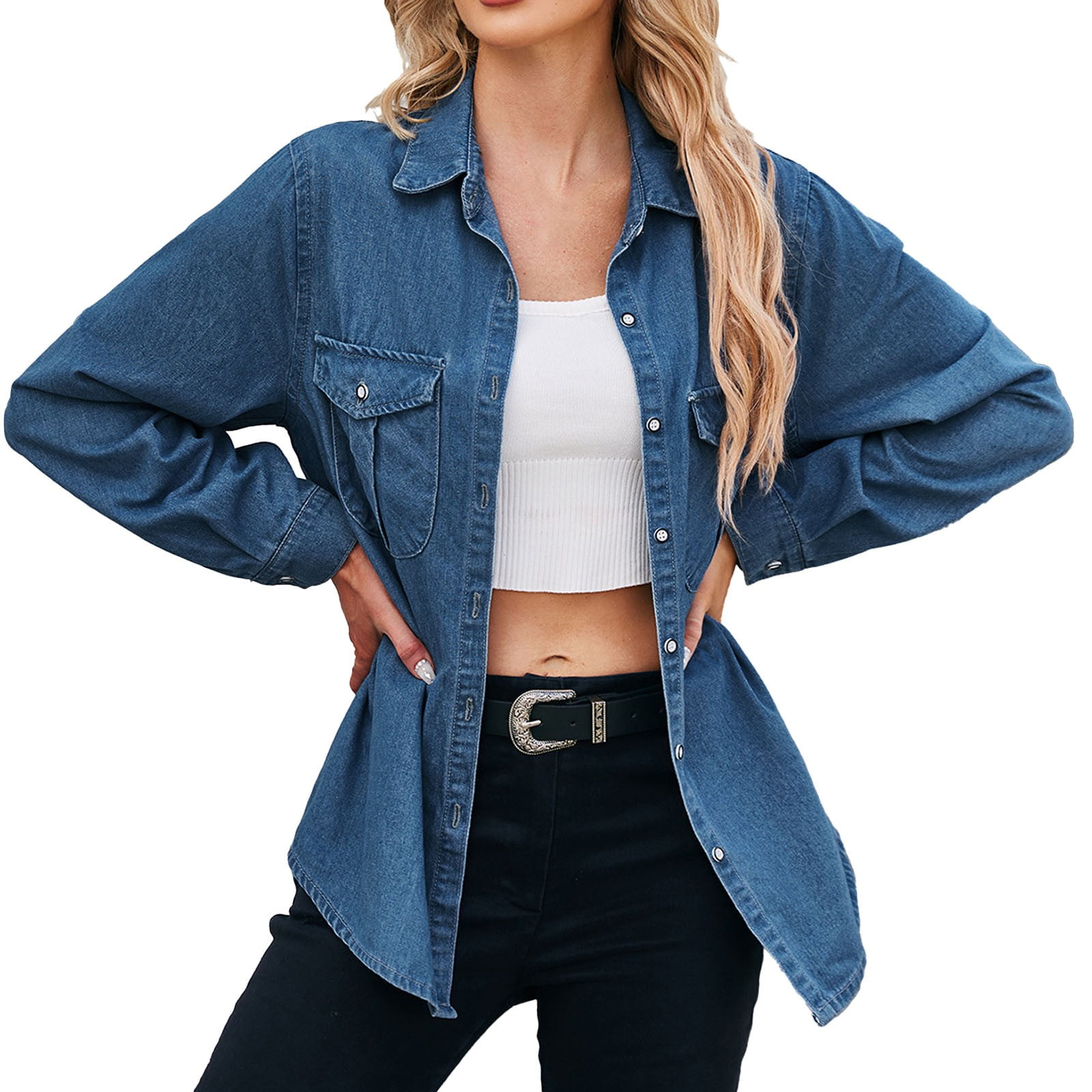 Women's Spring Denim Shirt - Oversized Boyfriend Style, Button Down ...