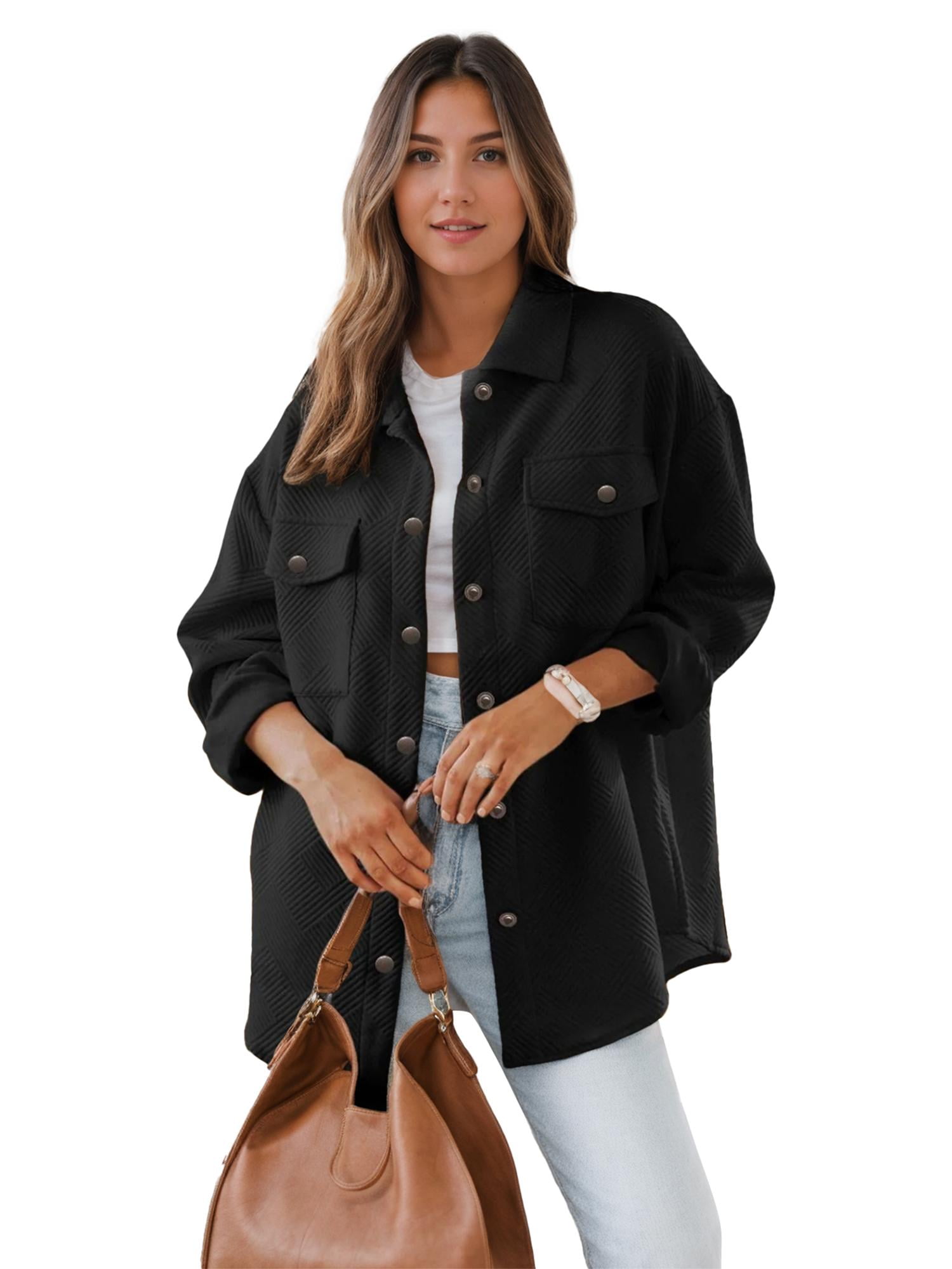 Women's Spring Fall Shacket Jacket - Button Front Long Sleeve Oversized ...