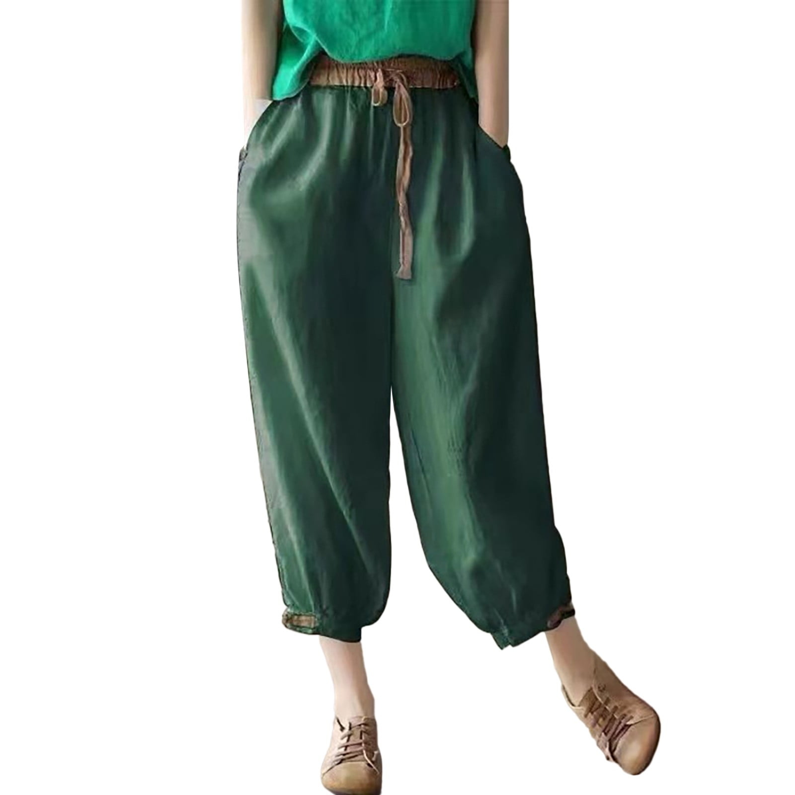 Women's Spring/Summer Button Loose Lace Up Elastic Waist Colored Casual ...