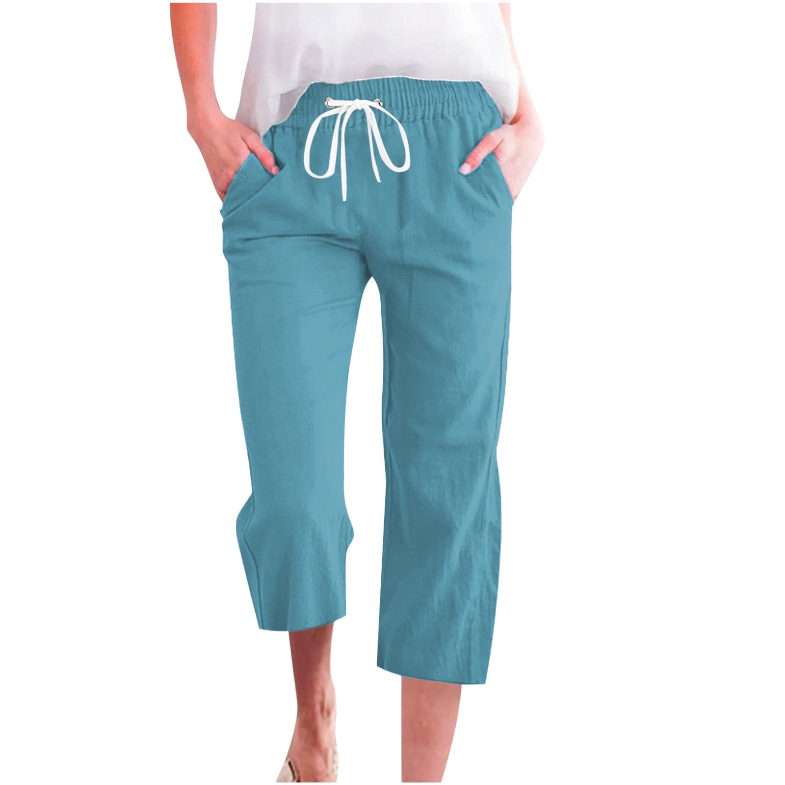 Women's Spring Summer Lace-Up Pocket Capris - Wide Leg Loose Fit, Solid ...