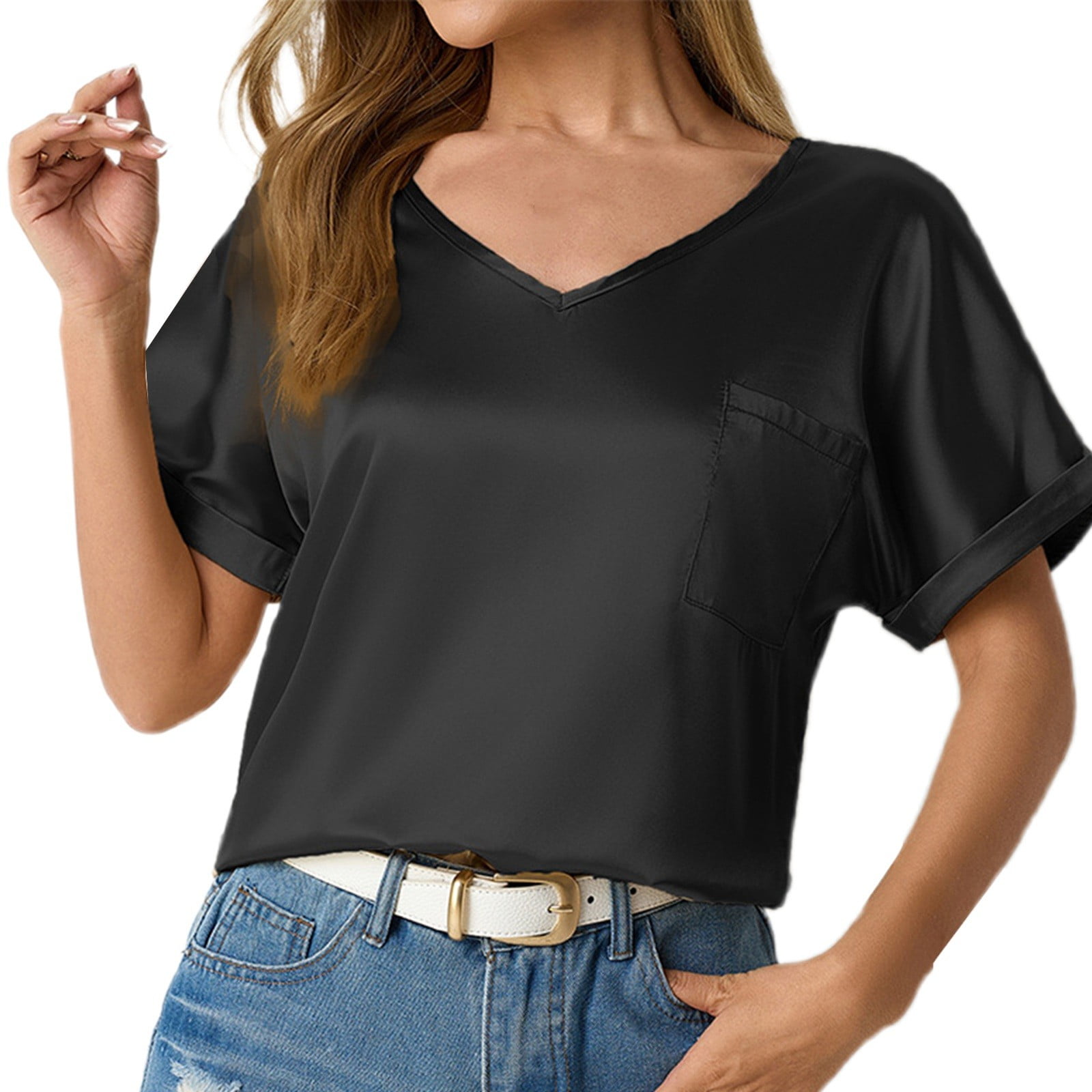 Women's Spring Summer Loose Fit Satin Short Sleeve Top - Pockets ...