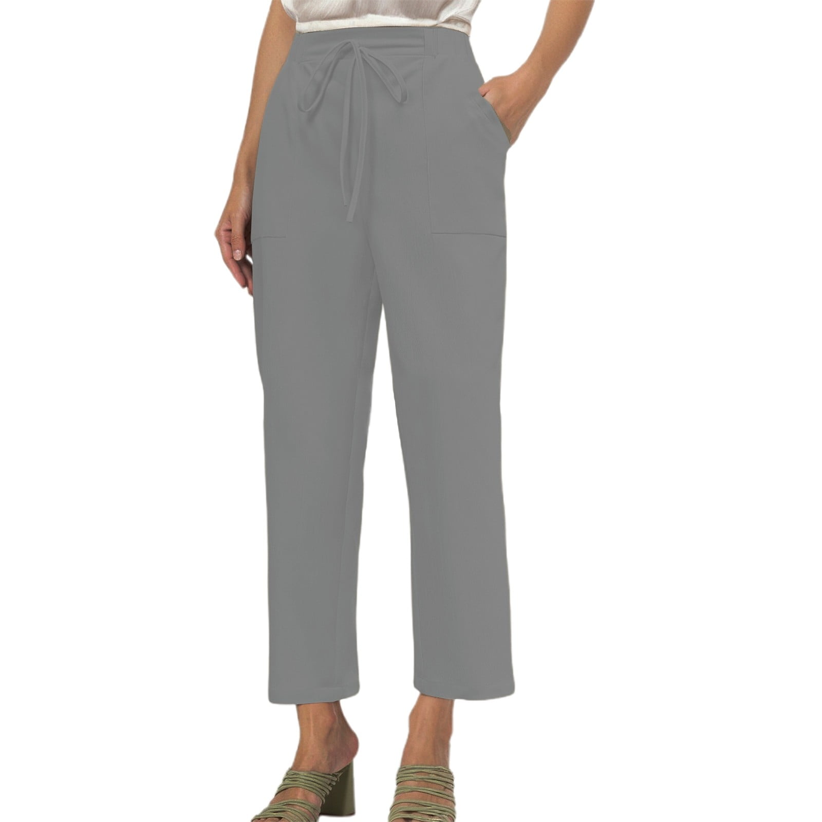 Women's Spring/Summer Solid Color Drawstring Wide Leg 9/10 Pants Womens ...