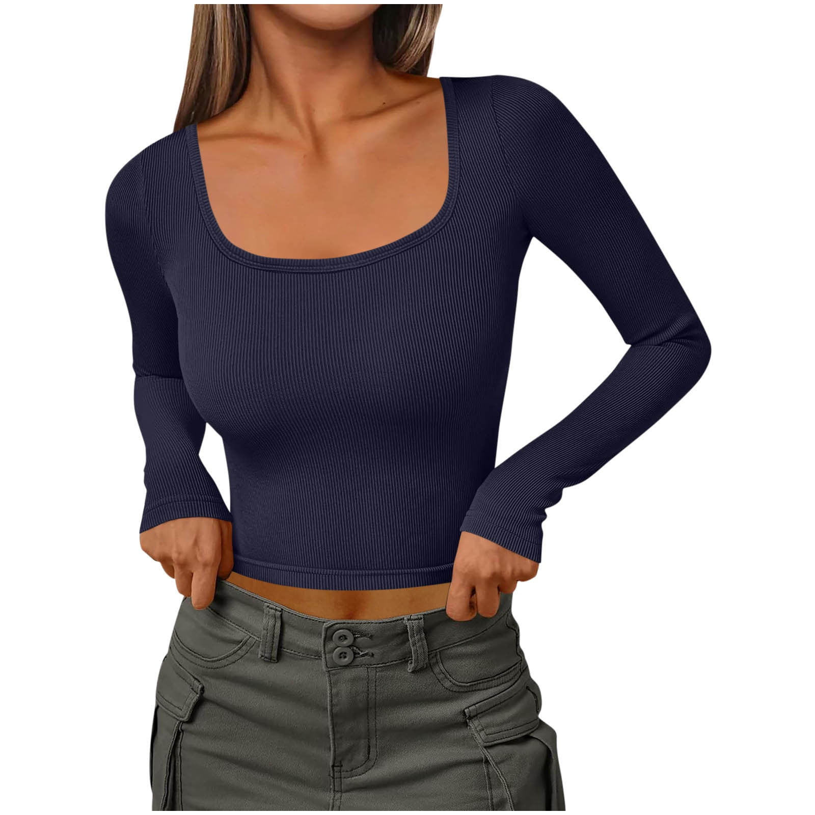 Women's Square Neck Cropped T-Shirts Long Sleeve Casual Top Slim Fit ...