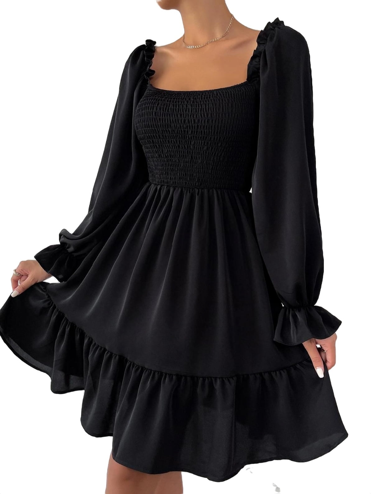 Women's Square Neck Long Flounce Sleeve Ruffle Hem Short Dress S(4) - Walmart.com