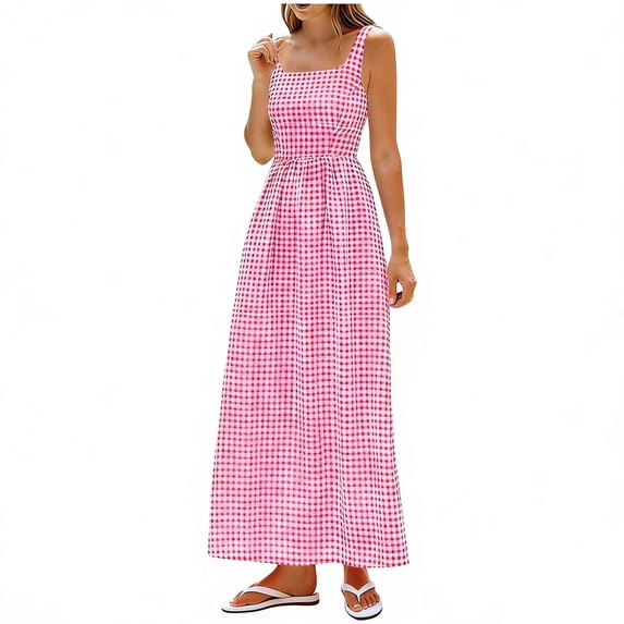 Women's Square Neck Maxi Dresses Plaid A Line Casual Beach Vacation ...