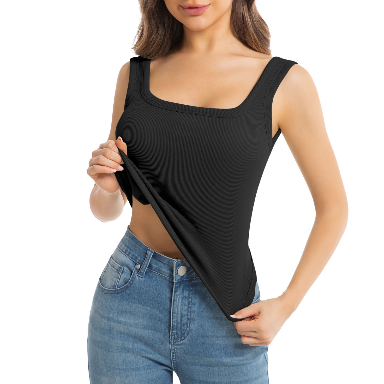 Women's Square Neck Padded Tank Top Ribbed Built-in Bra Fitted Cami for ...