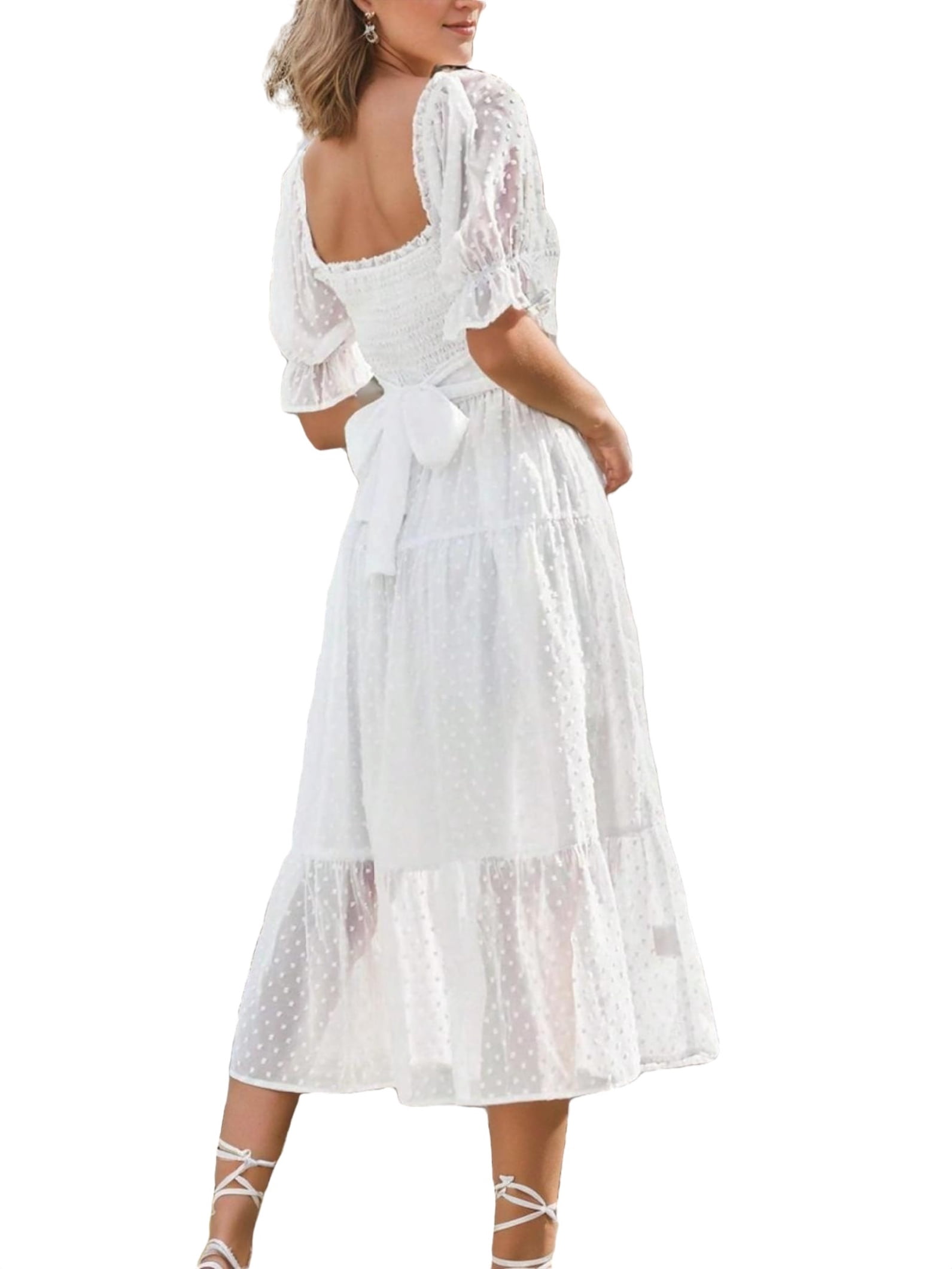 Women's Square Neck Puff Sleeve Long White Plain Boho Midi Dress with ...