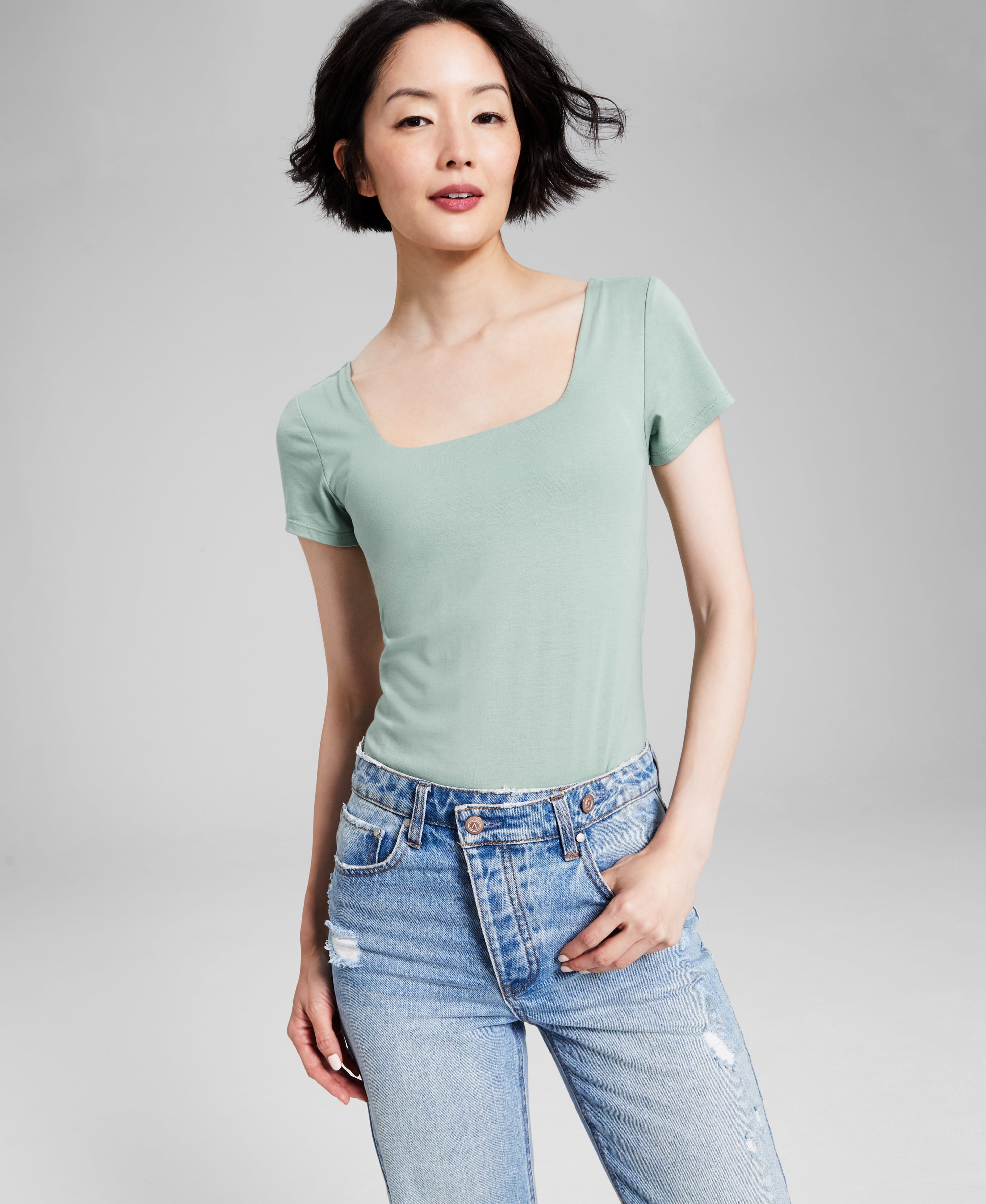 Women's Square-Neck Short-Sleeve Double-Layered Bodysuit Oregano L ...