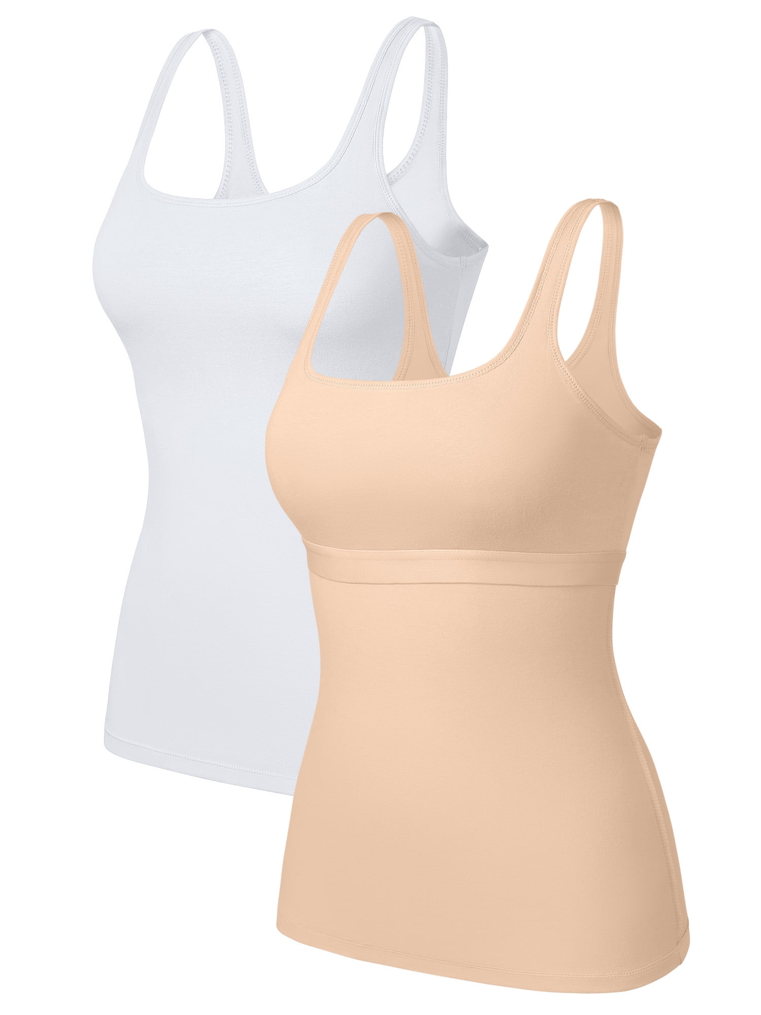 Women's Square Neck Tank Top Cotton Undershirts With Shelf Bra, 2-Packs ...