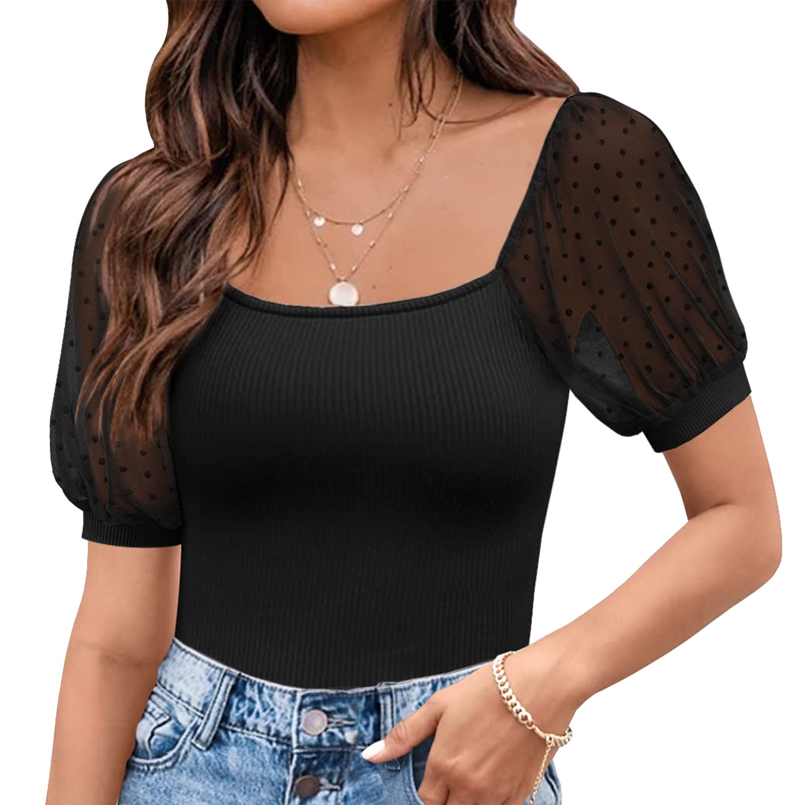 Women's Square Neck Top with Polka Dot Sheer Puff Mesh Sleeves and ...