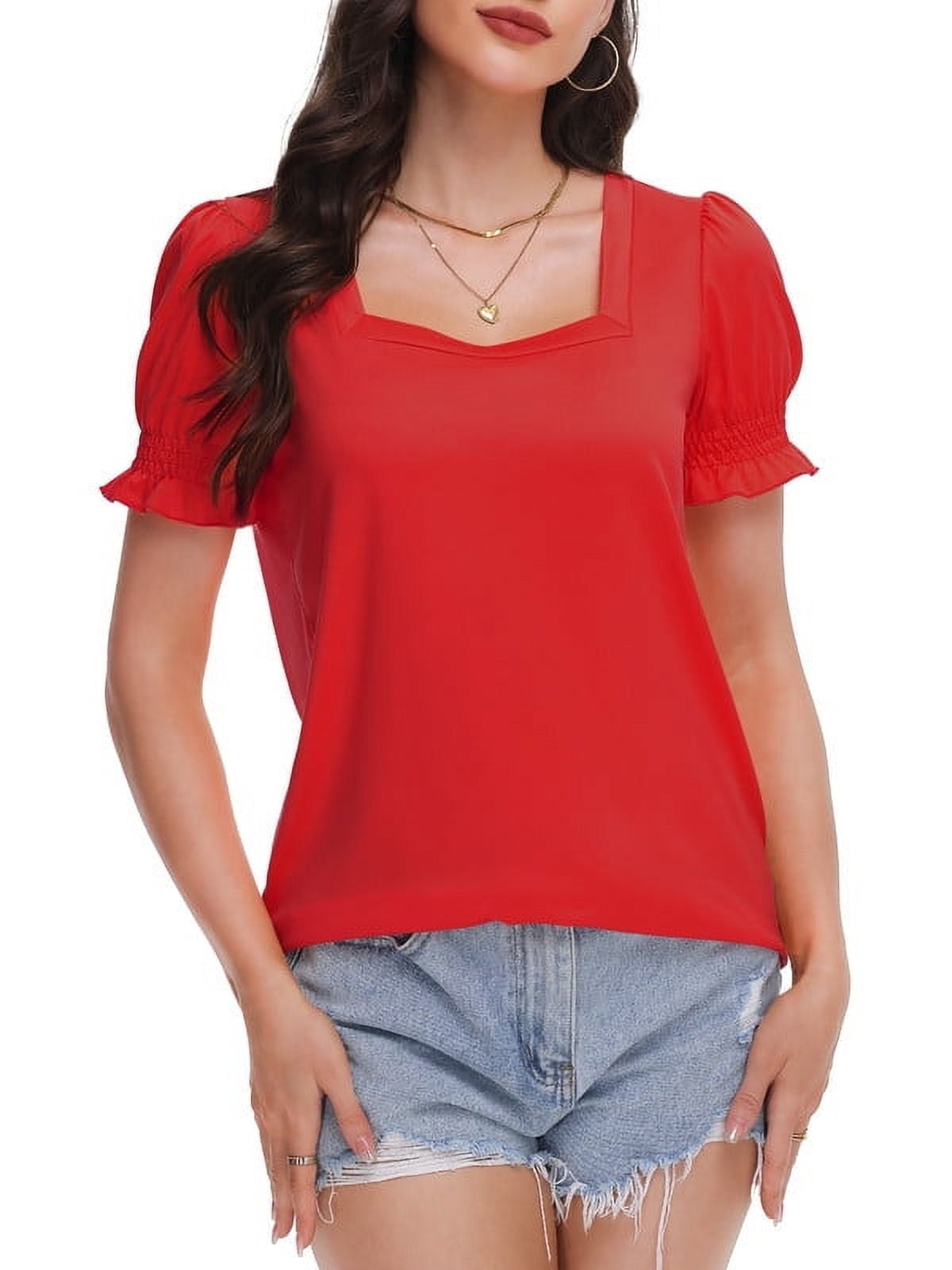 Women's Square Neck Tops Ruffle Trim Sleeve T-Shirts for Summer Casual ...