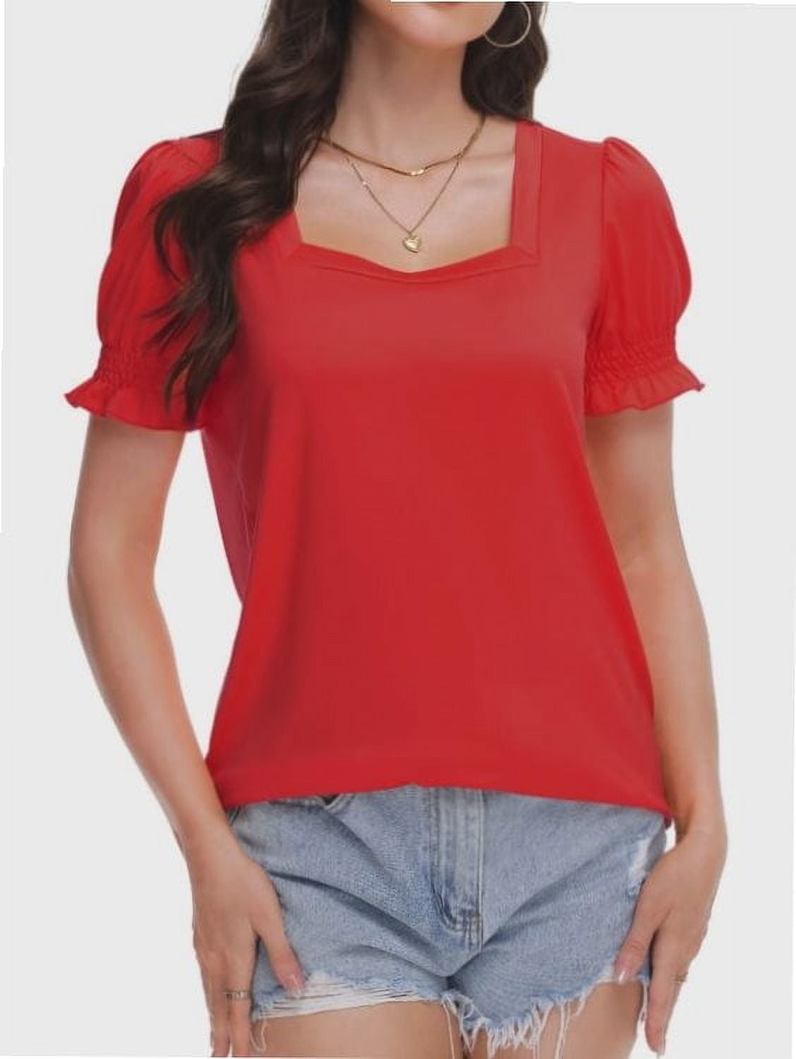 Women's Square Neck Tops Ruffle Trim Sleeve T-Shirts for Summer Casual ...
