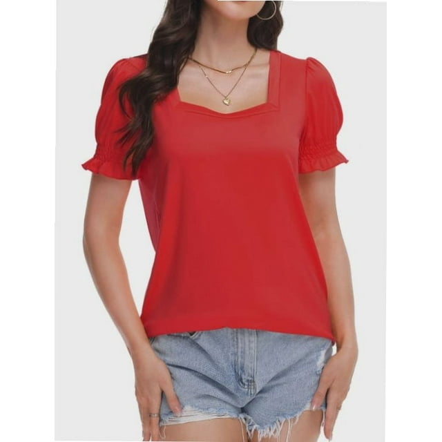 Women's Square Neck Tops Ruffle Trim Sleeve T-Shirts for Summer Casual ...