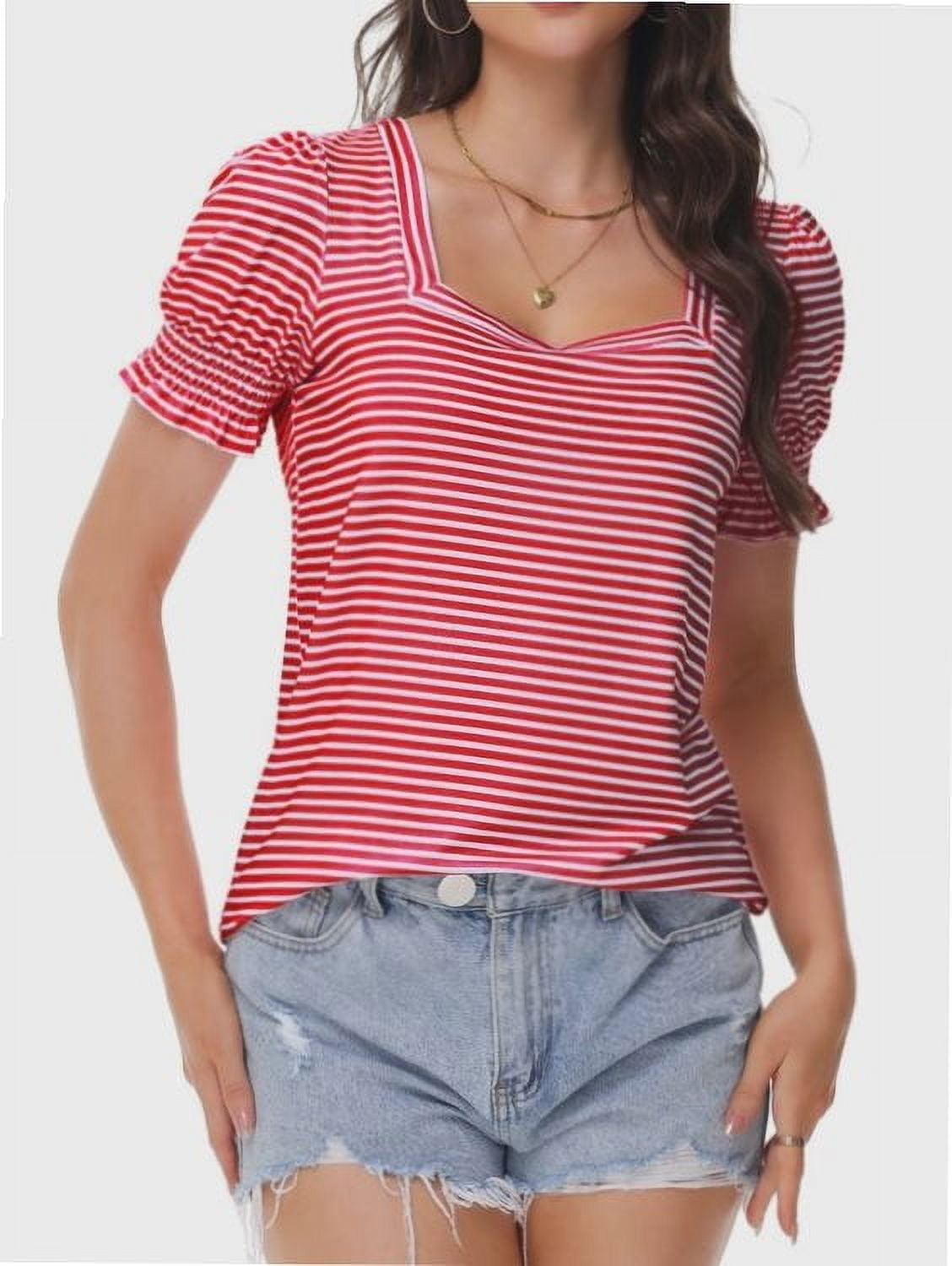 Women's Square Neck Tops Ruffle Trim Sleeve T-Shirts for Summer Casual ...