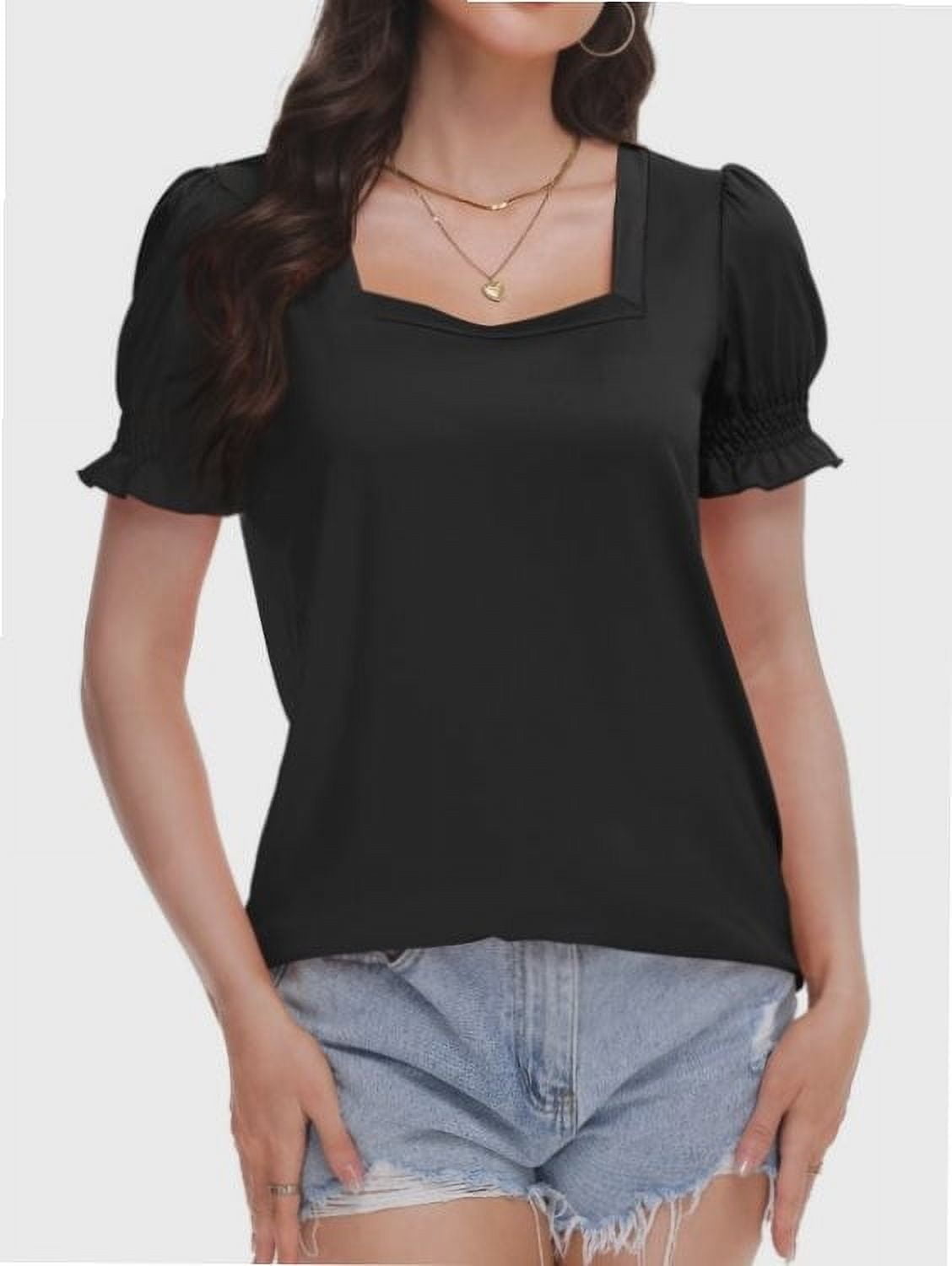 Women's Square Neck Tops Ruffle Trim Sleeve T-Shirts for Summer Casual ...