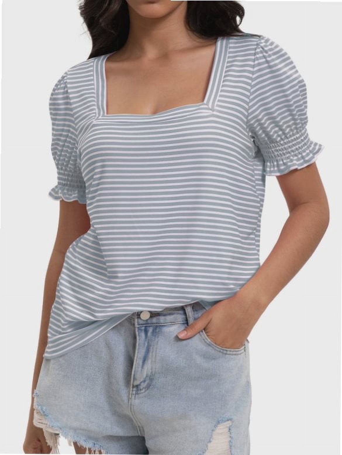 Women's Square Neck Tops Ruffle Trim Sleeve T-Shirts for Summer Casual ...