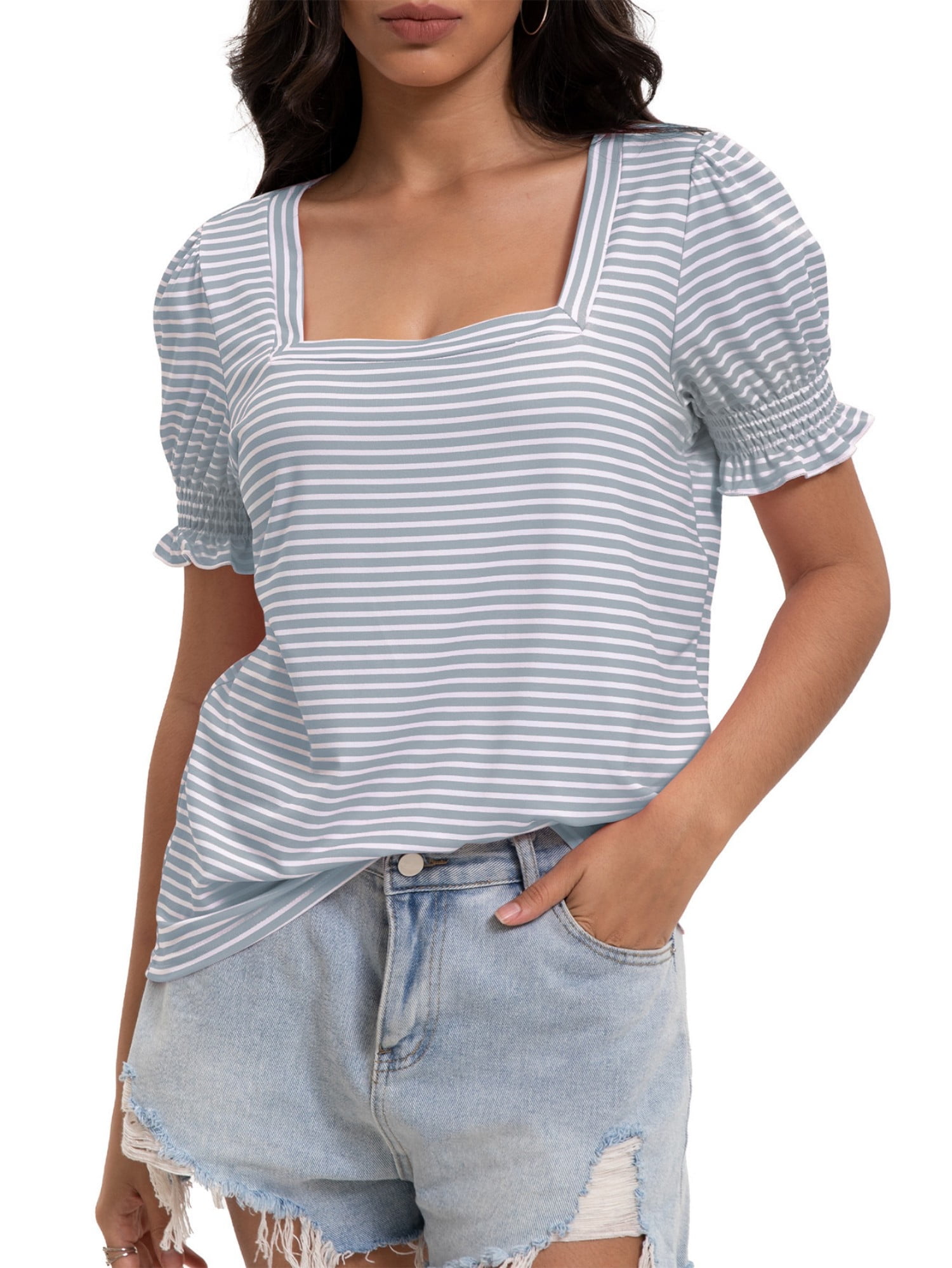 Women's Square Neck Tops Ruffle Trim Sleeve T-Shirts for Summer Casual ...