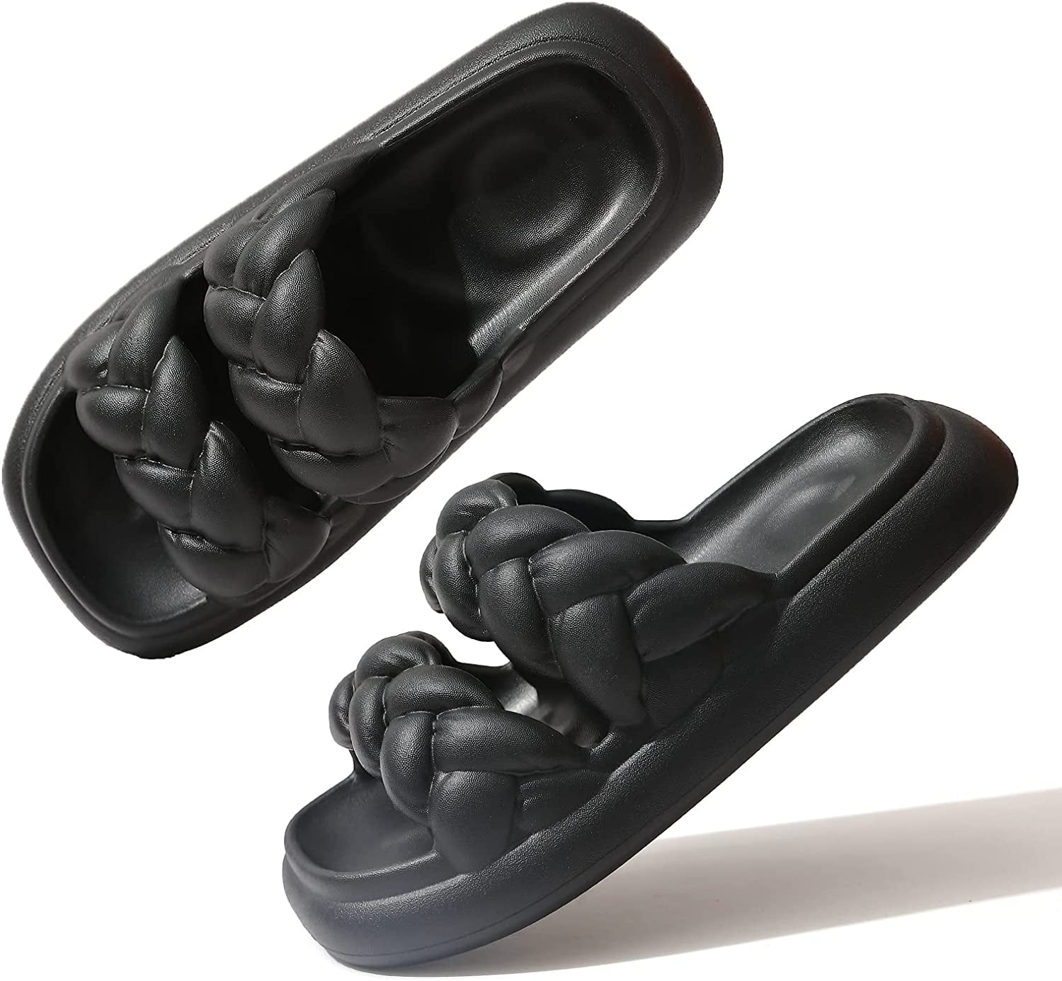 Women's Square Open Toe Cloud Slides Braided Double Strap Platform ...