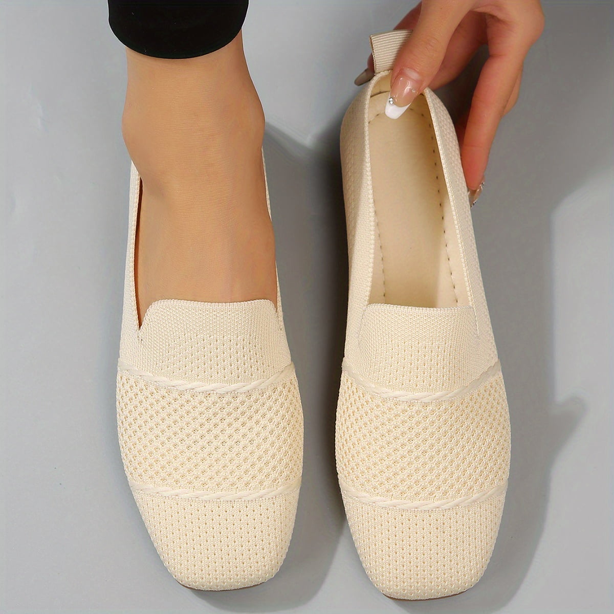 Women‘s Square Toe Ballet Flats Solid Color Soft Sole Knit Flat Shoes ...