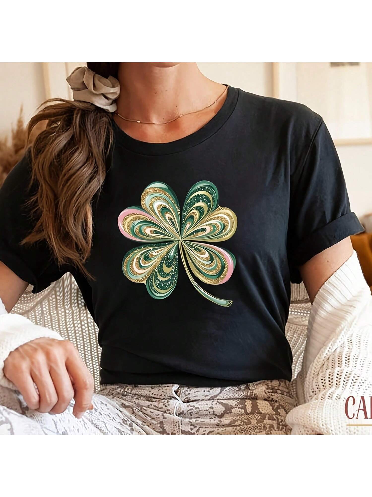 Women's St. Patrick's Day Shamrock Graphic T-Shirt, Lucky Four Leaf ...