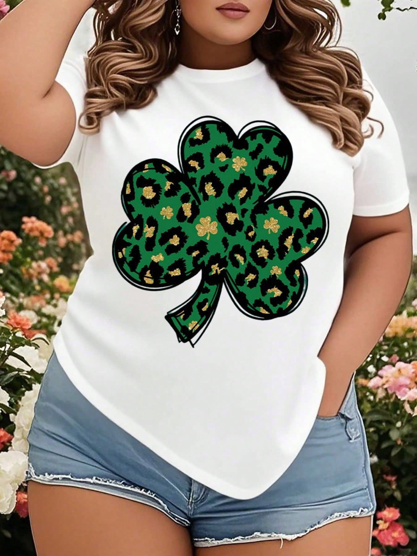 Women's St. Patrick's Day Shamrock Leopard Print T-Shirt, Green Clover ...
