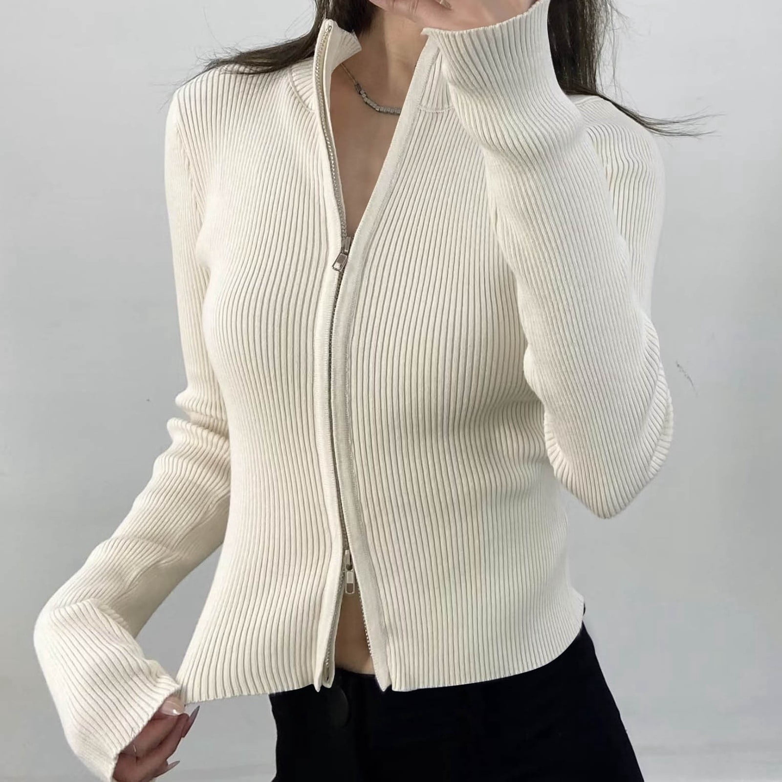 Women's Stand Up Collar Striped Double Zip Sweater Sweater Jacket Tight ...