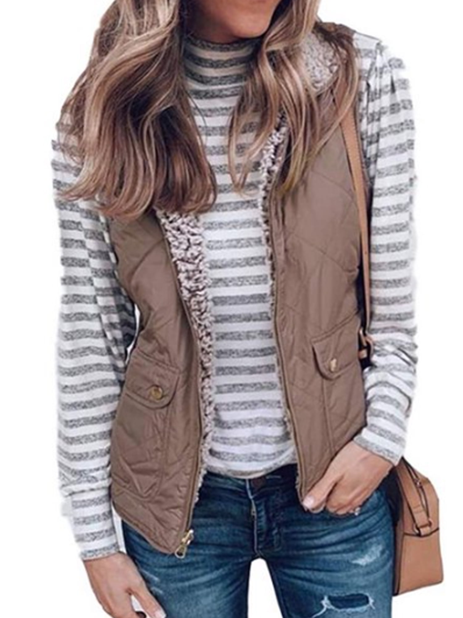 Women's Stand Collar Warm Padded Zip Closure Side Pockets Gilet Quilted ...