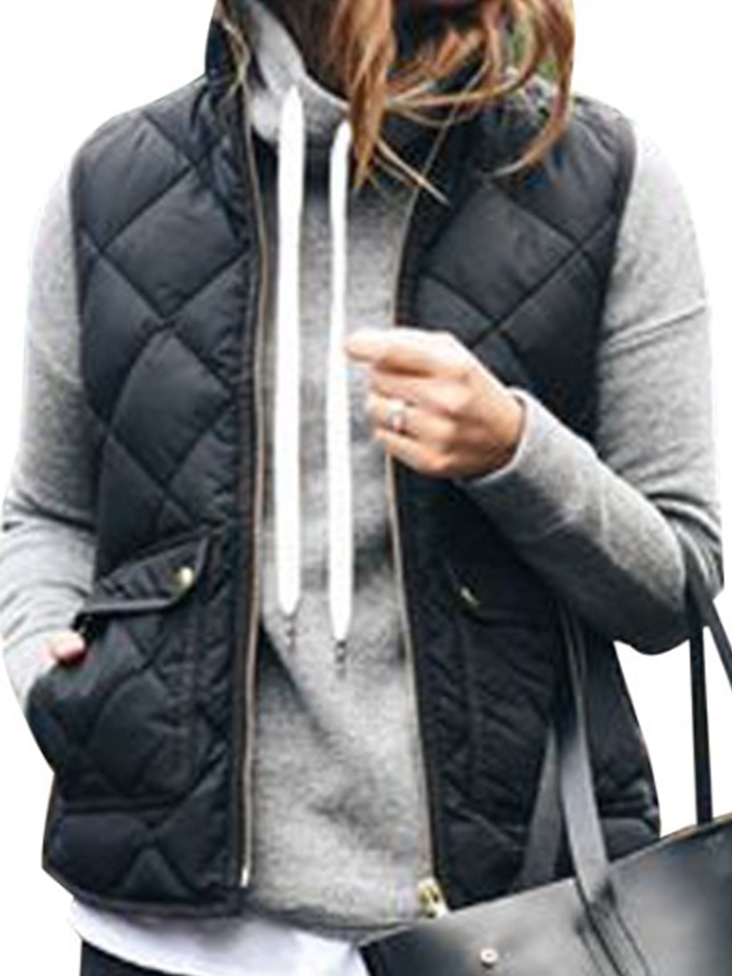Women's Stand Collar Warm Padded Zip Closure Side Pockets Gilet Quilted ...