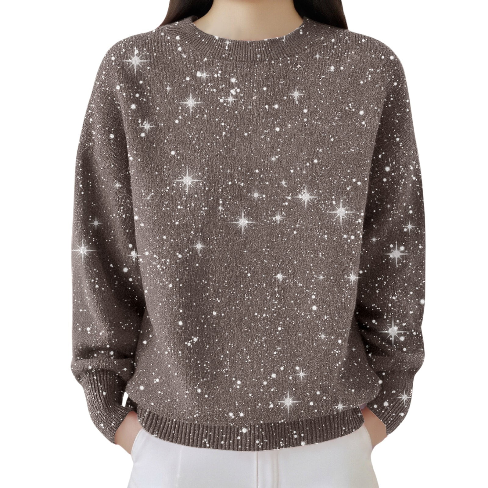 Women's Star Print Crewneck Sweater, Star Print Crewneck Sweater Soft ...
