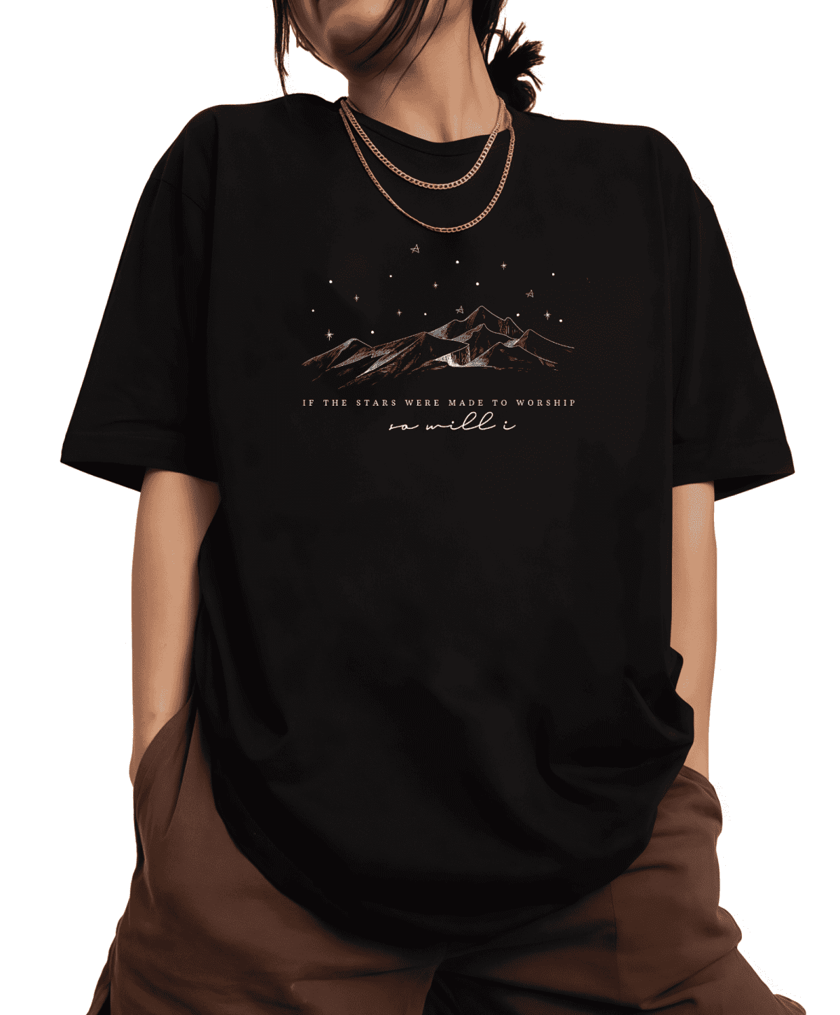 Women's Starry Mountain Slogan Printed Cotton Crew Neck T Shirt Black S ...