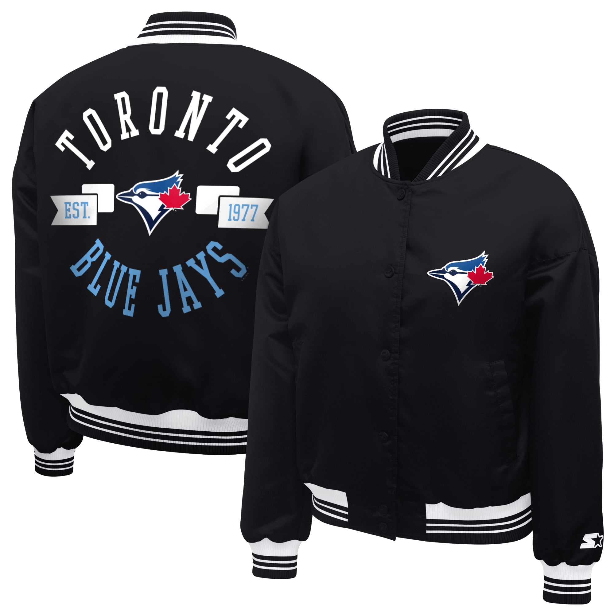 Women's Starter Black Toronto Blue Jays Printed Logo Cropped Satin ...