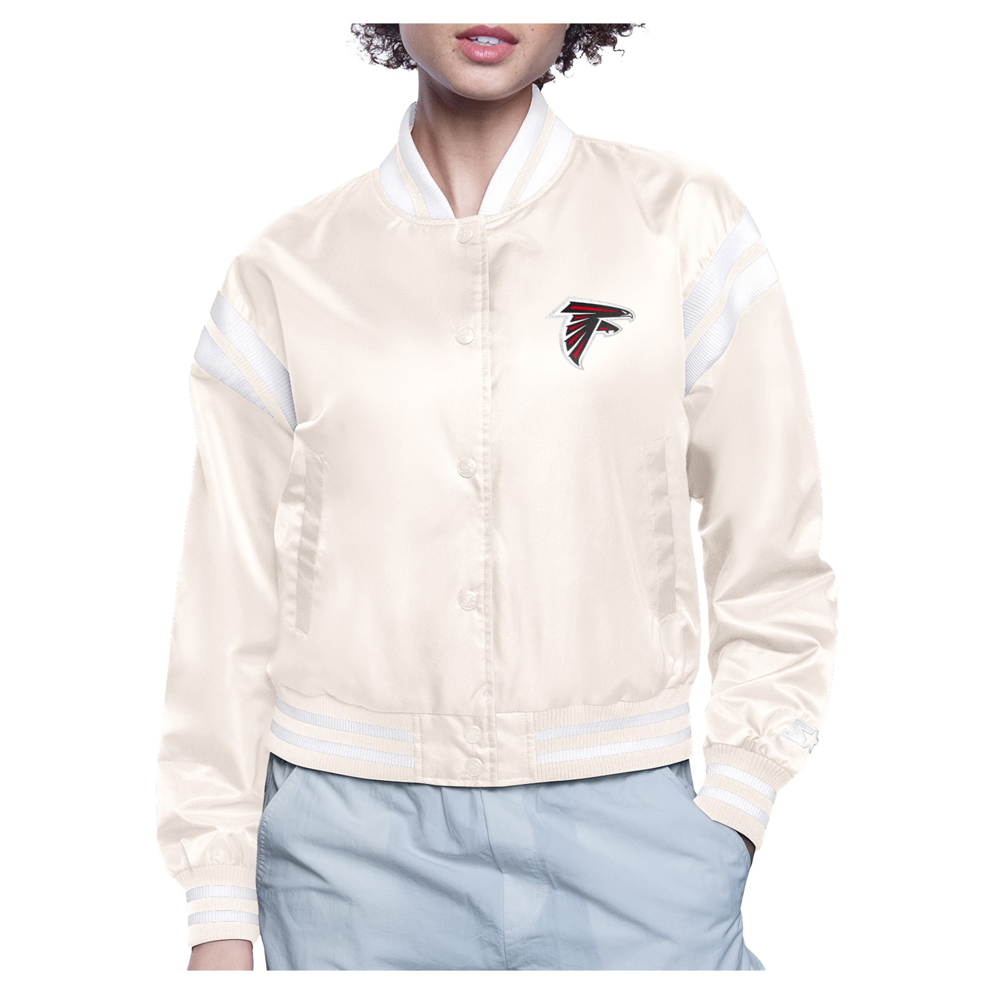 Women's Starter Cream Atlanta Falcons Round Team Logo Cropped Satin ...