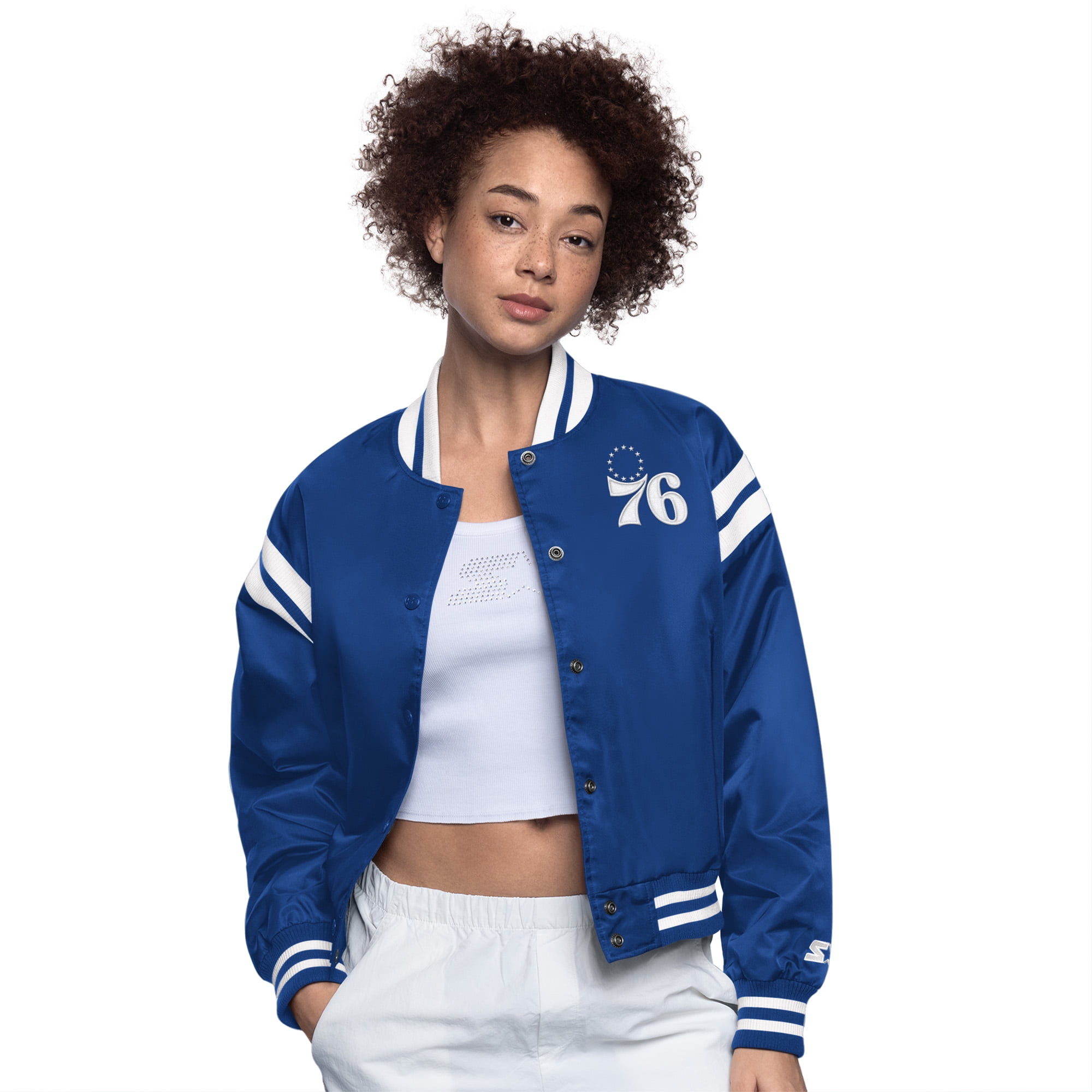 Women's Starter Royal/White Philadelphia 76ers Full Count Satin Full-Snap Varsity Jacket ...