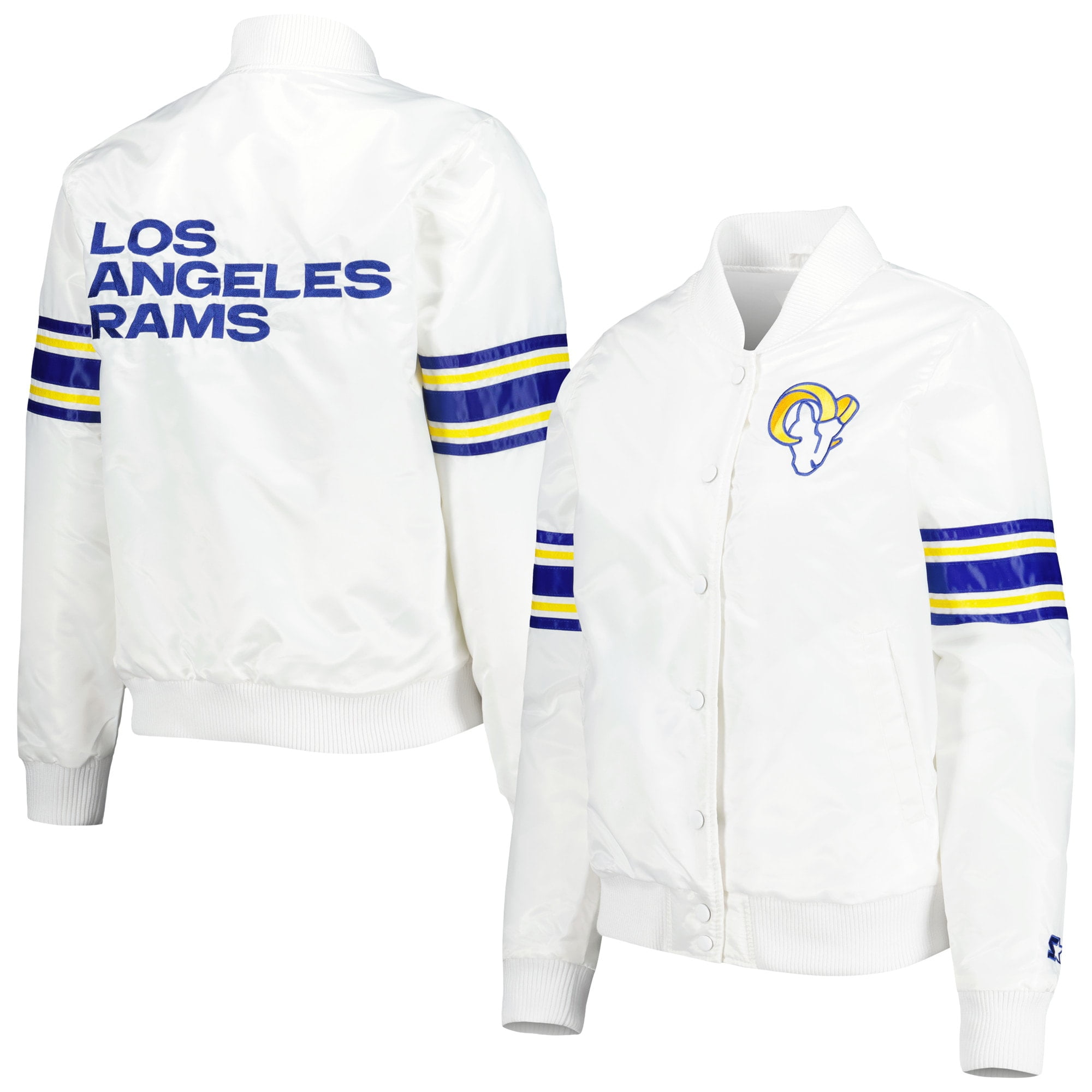Women's Starter White Los Angeles Rams Line Up Satin Full-Snap Varsity ...
