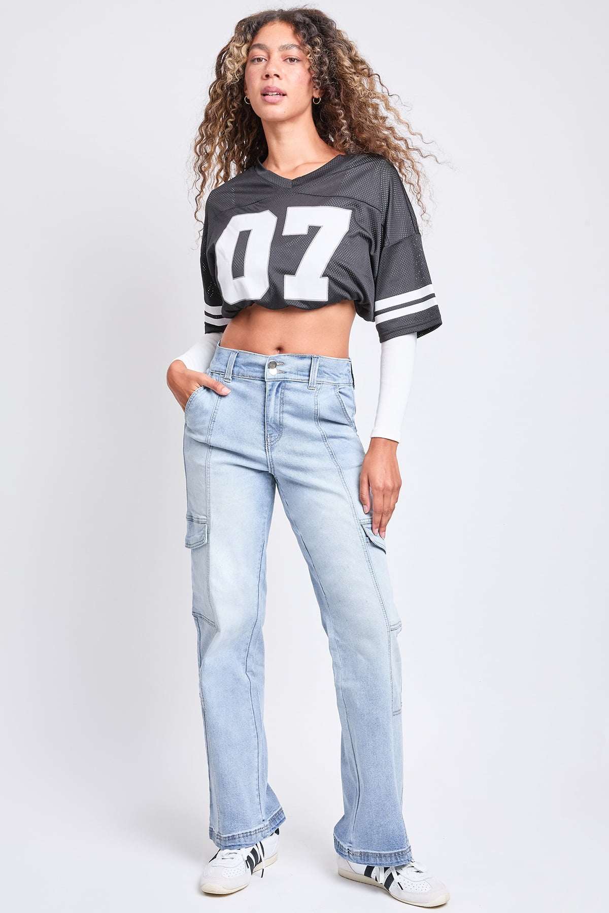 Women's High Rise Straight Cargo Jeans with Stretch Waistband - Walmart.com