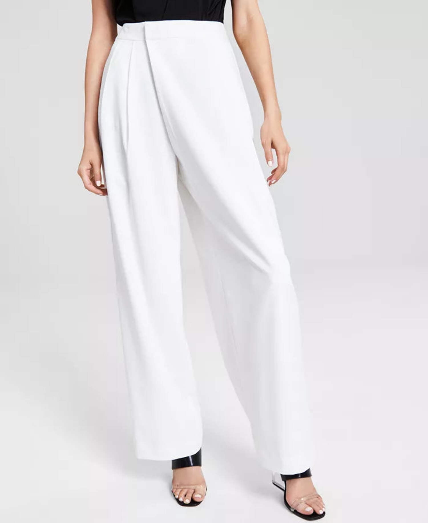 Women's Straight-Leg Pleated High Rise Asymmetrical Pants Linen White 4 ...