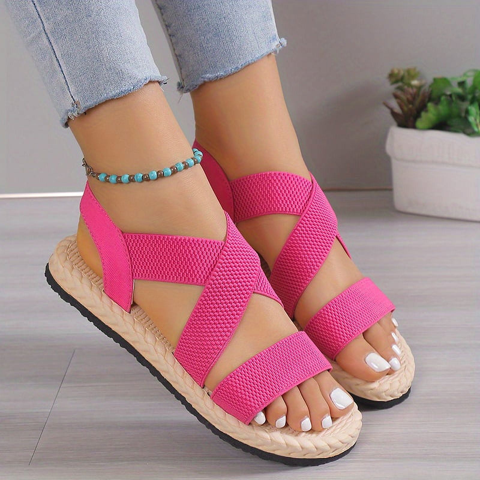 Women's Strap Slip On Shoes, Solid Color Flat Sandals, Open Toe Elastic ...