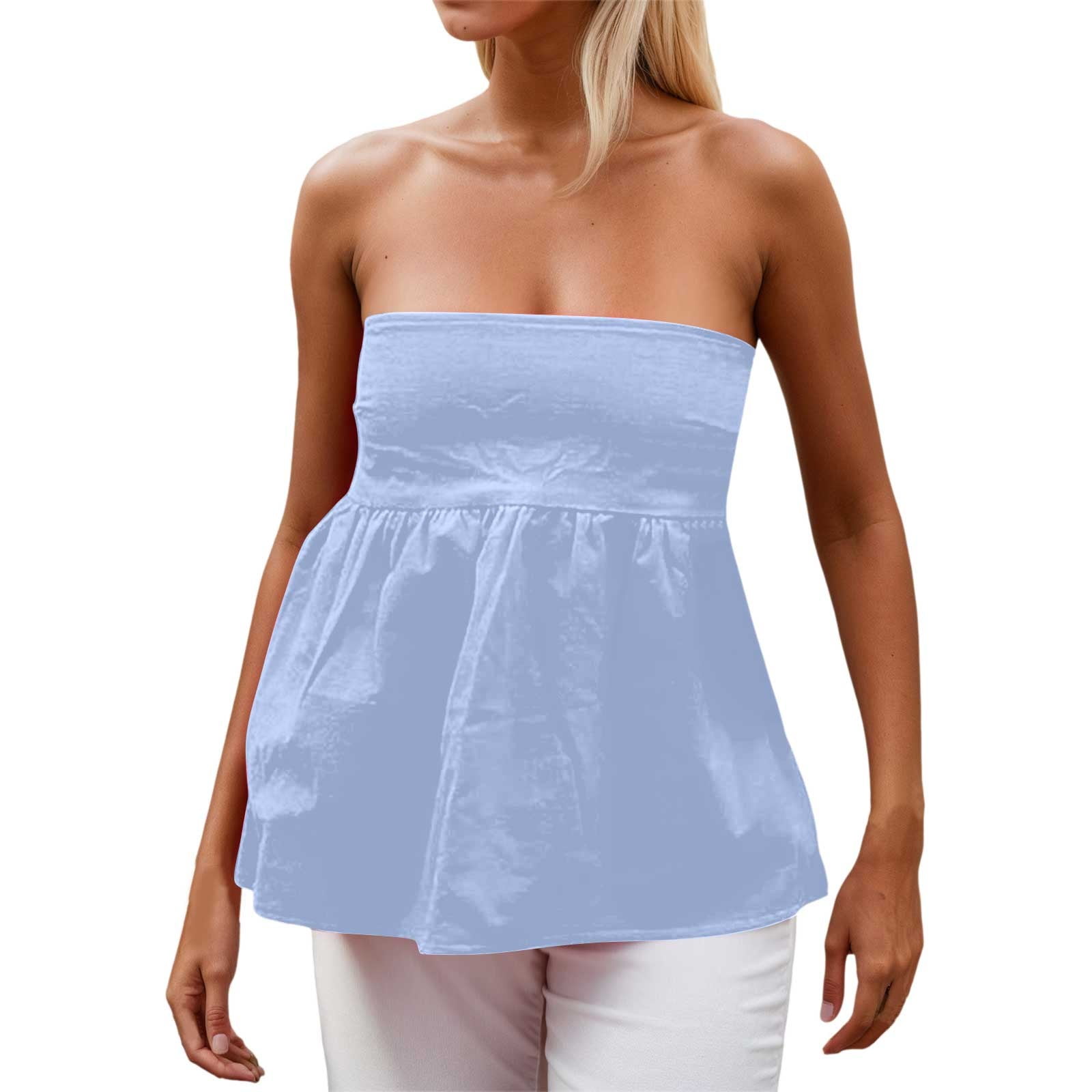 Women's Strapless Backless Ruffle Flowy Tube Top - Polyester/Spandex ...