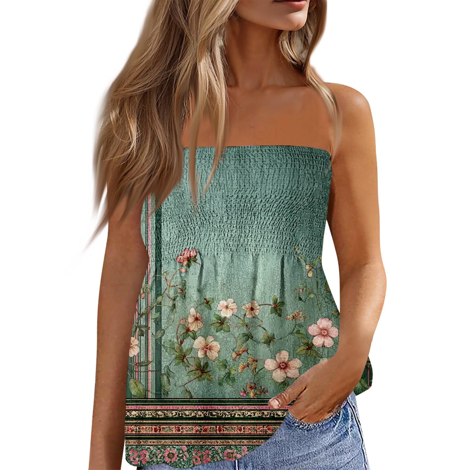 Women s Strapless Floral Print Tube Top Casual Loose Fit Sleeveless ...