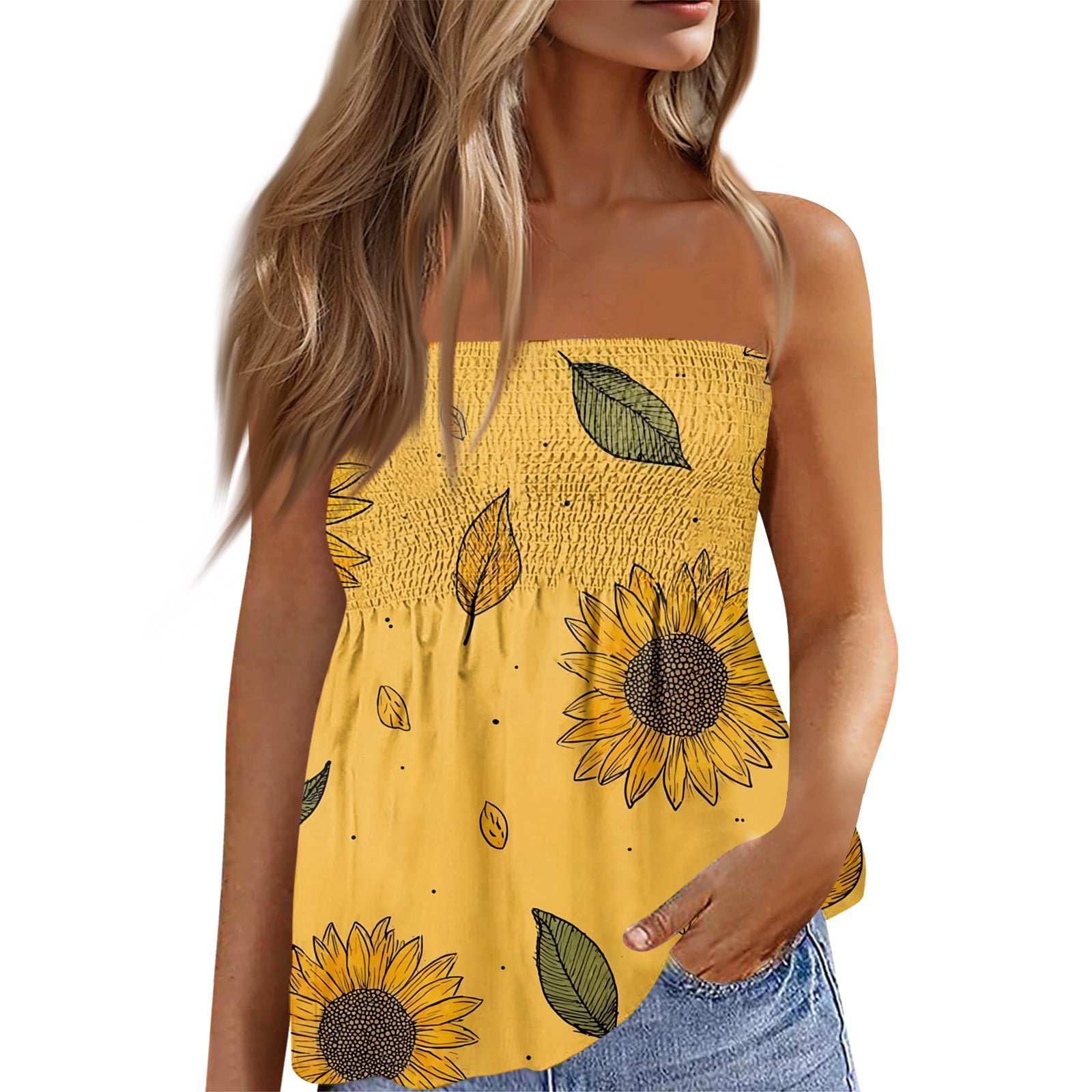 Women s Strapless Floral Print Tube Top Casual Loose Fit Sleeveless ...