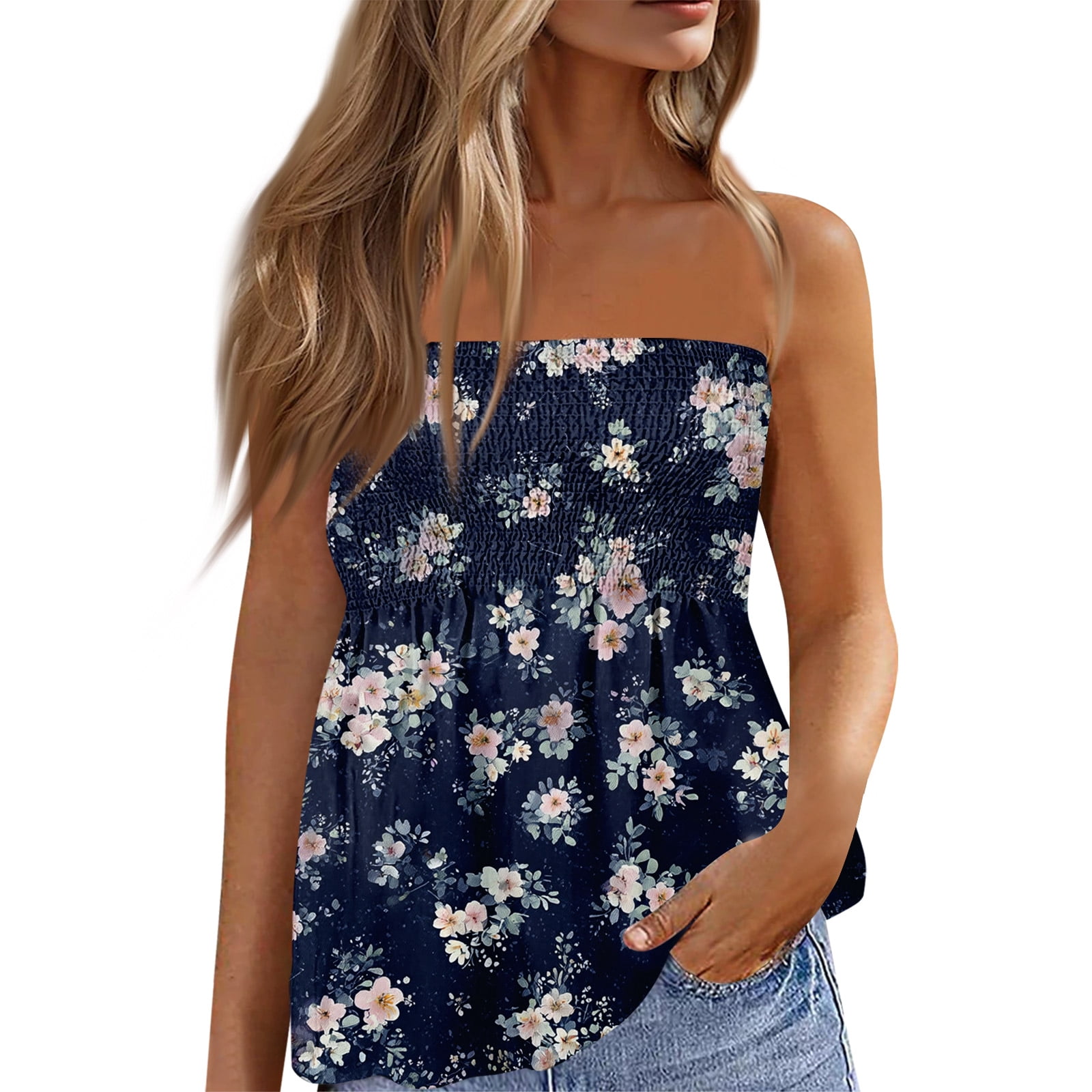 Women s Strapless Floral Print Tube Top Casual Loose Fit Sleeveless ...